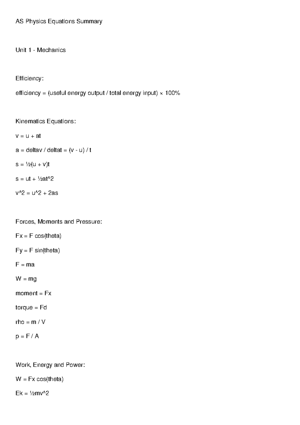 AS Physics Unit 1 & 2 Equations Summary for Exam Prep - Studocu