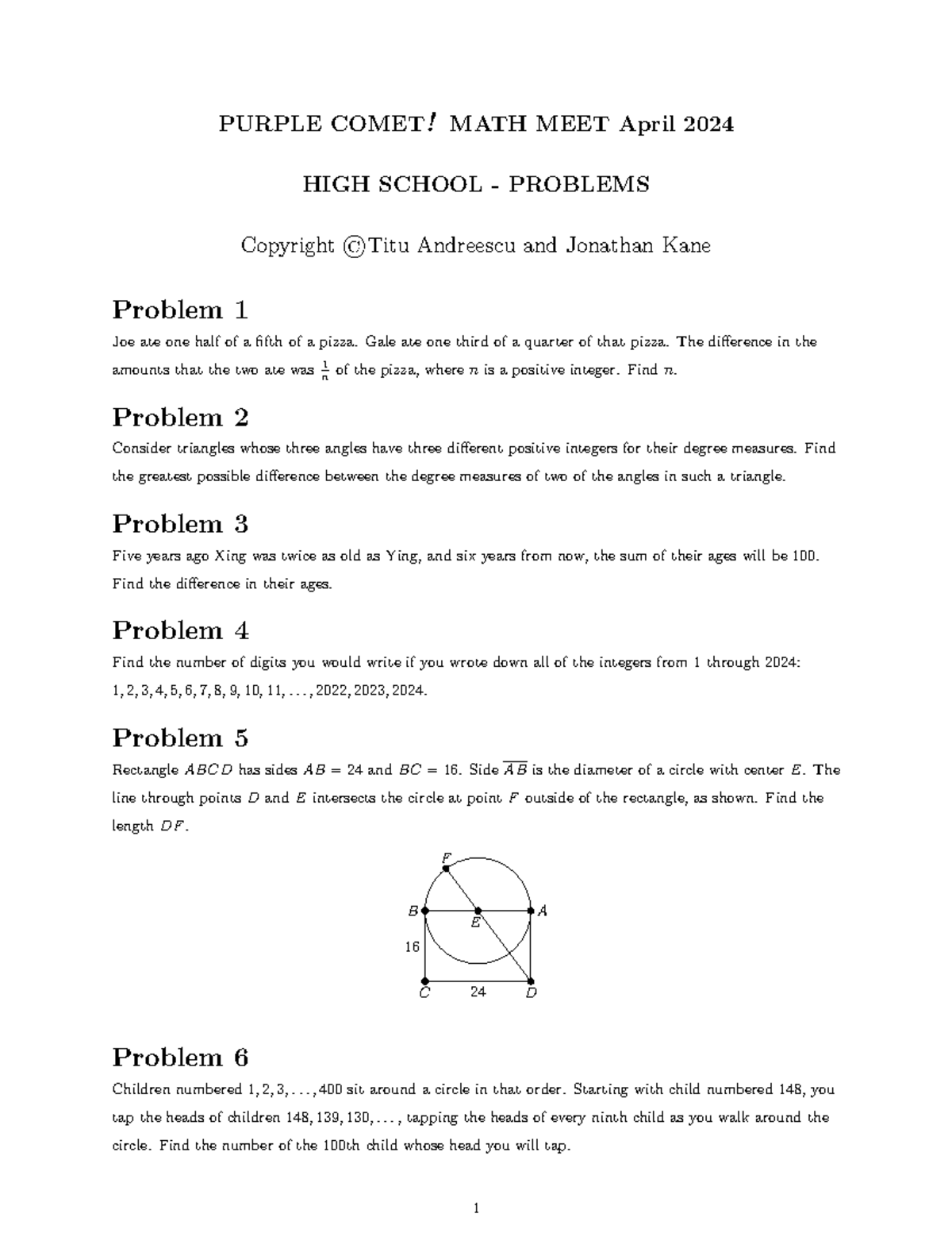 2024HSContest: Purple Comet Math Meet Problems and Solutions - Studocu