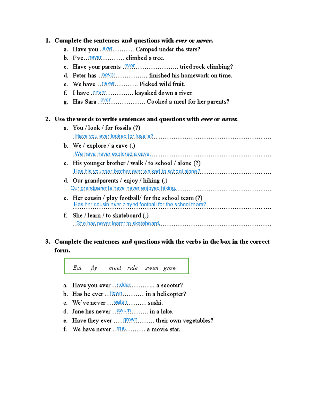 BTVN Grammar Unit 13 - Complete the sentences and questions with ever ...