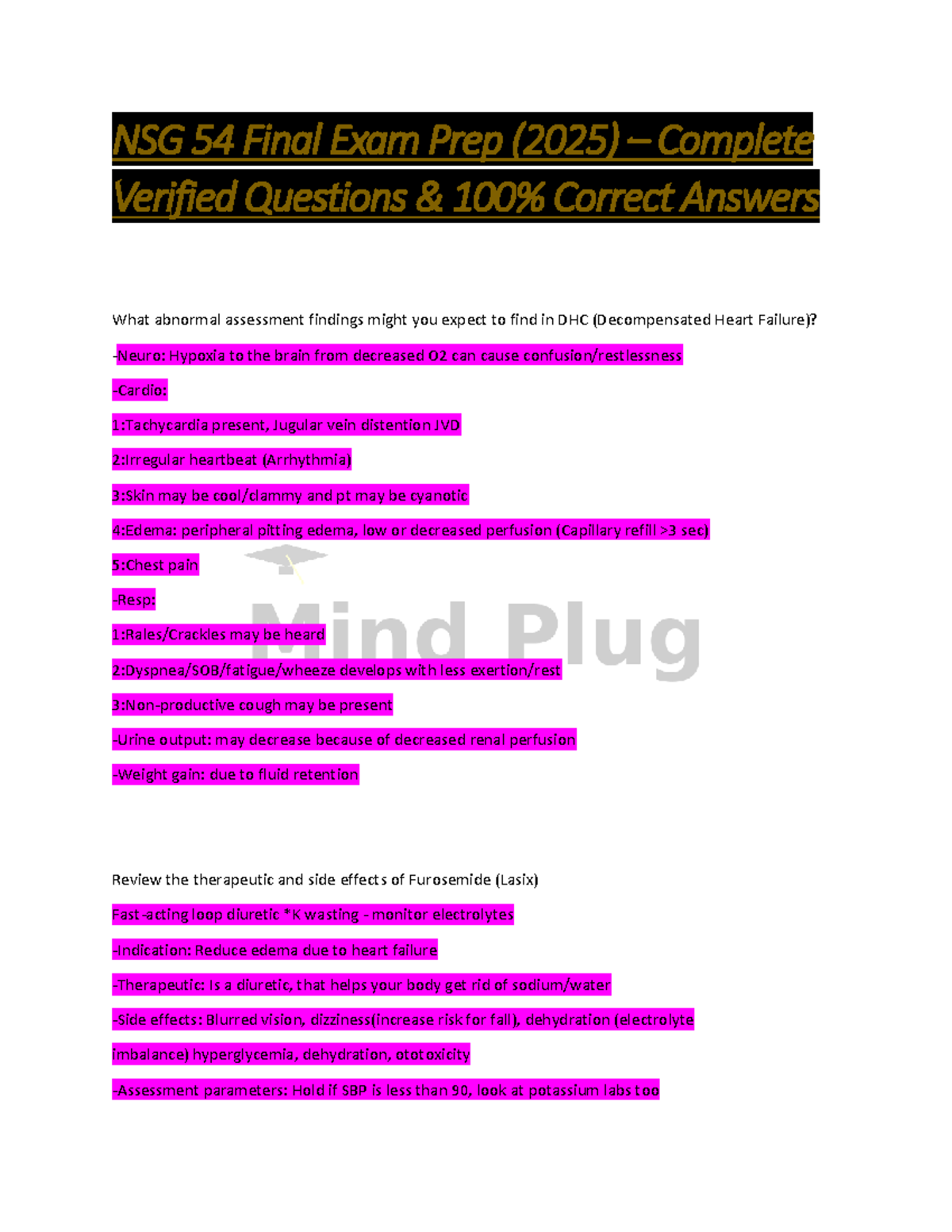 NSG 54 Final Exam Study Guide: Key Concepts & Nursing Diagnoses - Studocu