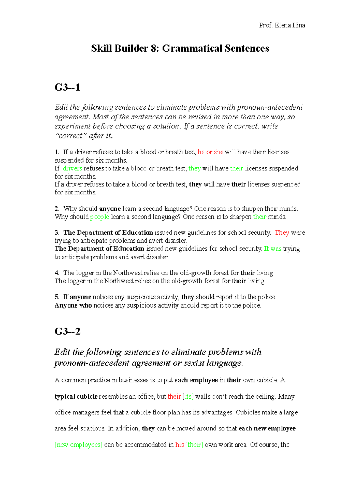 Skill Builder 8 GS: Editing Grammatical Sentences for Agreement - Studocu