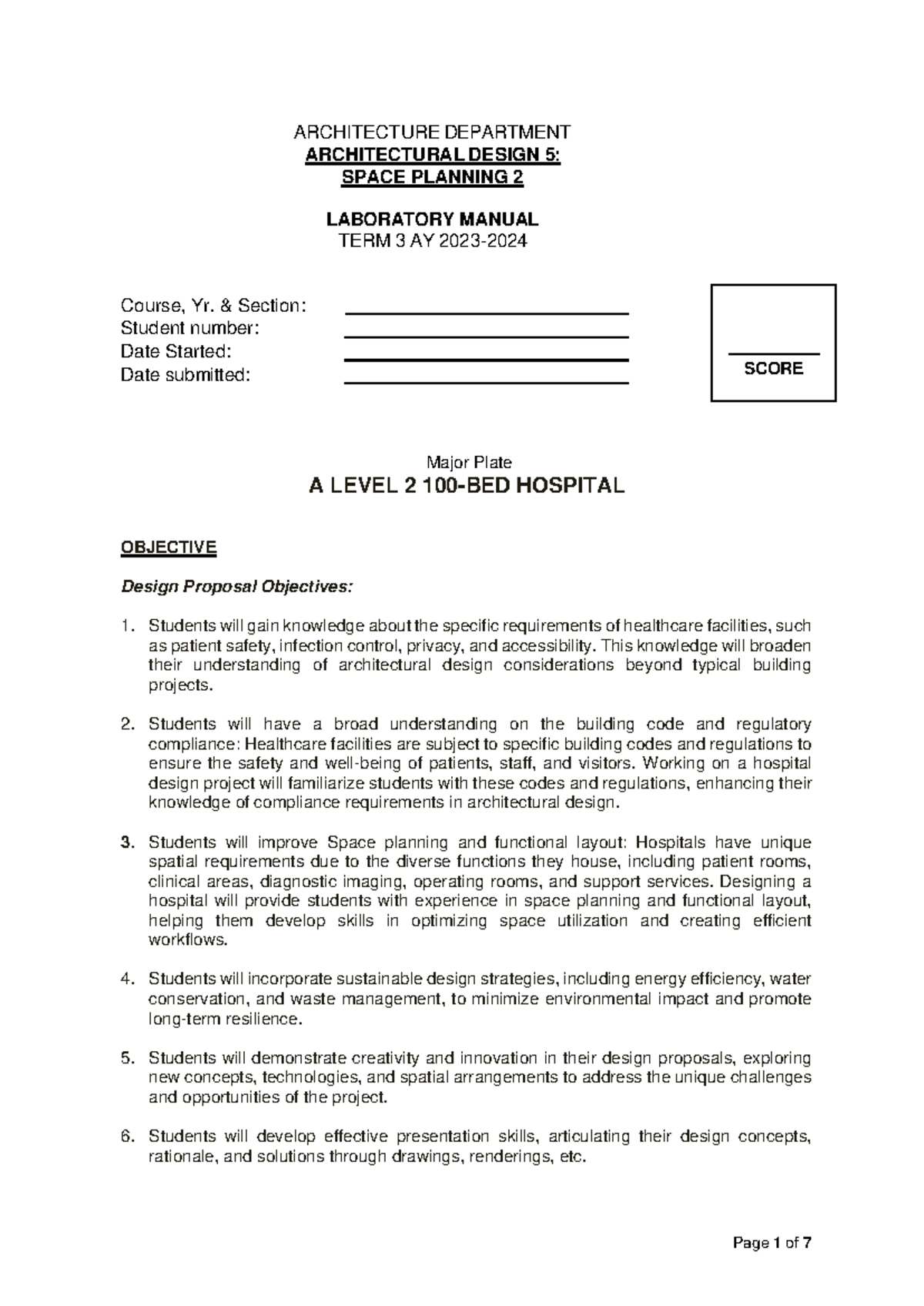 Arch 5 Final Project: 100-Bed Hospital Design Proposal - Studocu
