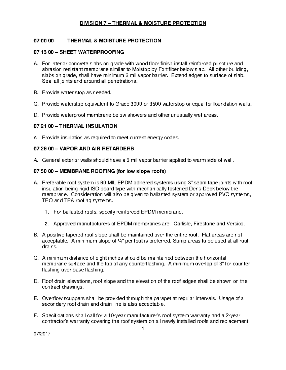 Division 7 - Thermal & Moisture Protection Specifications and ...
