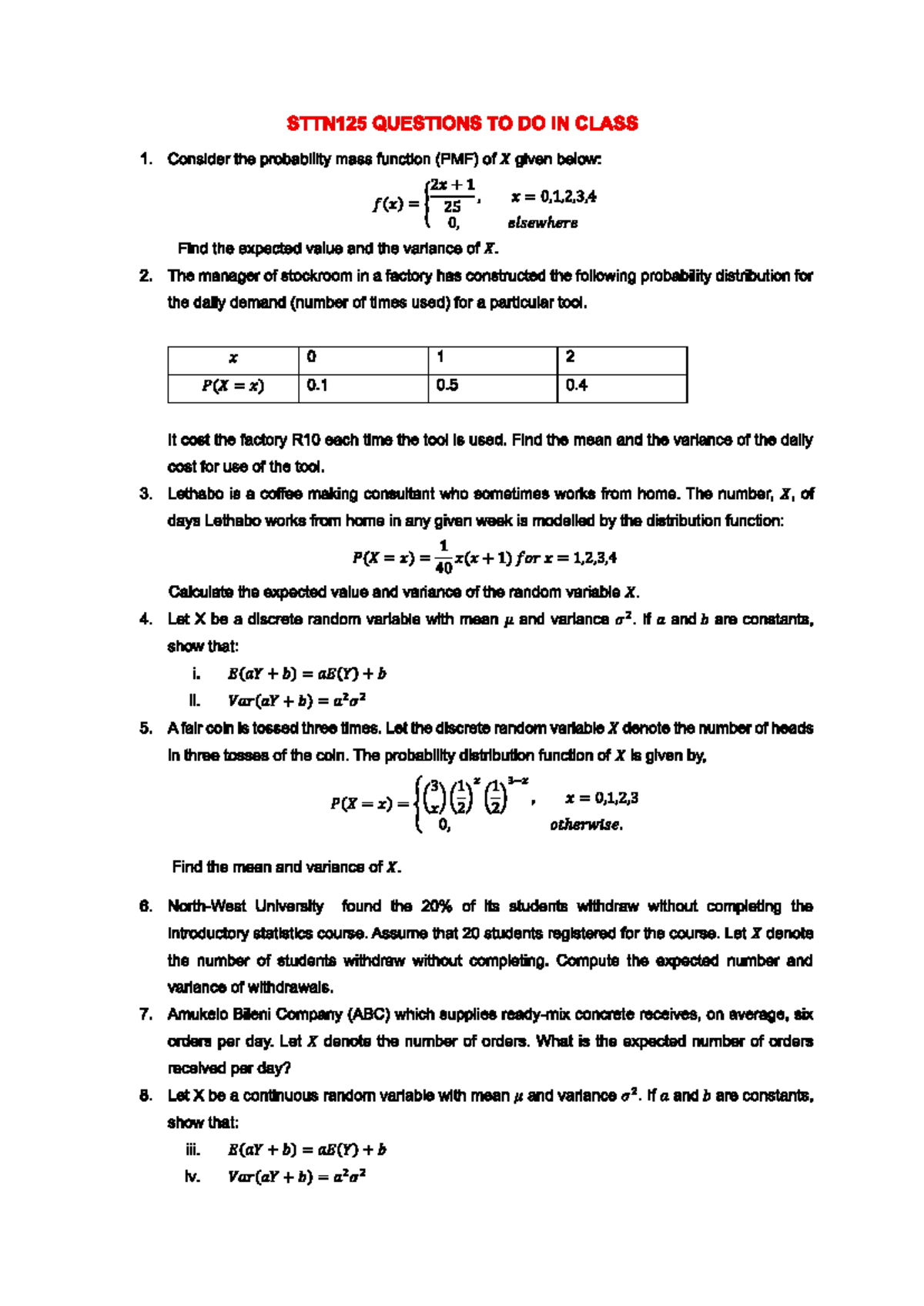 STTN125 Tutorial 5: Probability Distribution Functions & Variance - Studocu