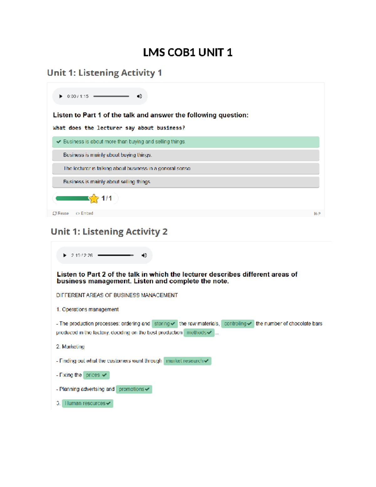 LMS COB1 UNIT 1 - Listening Activities on Business Management Concepts ...