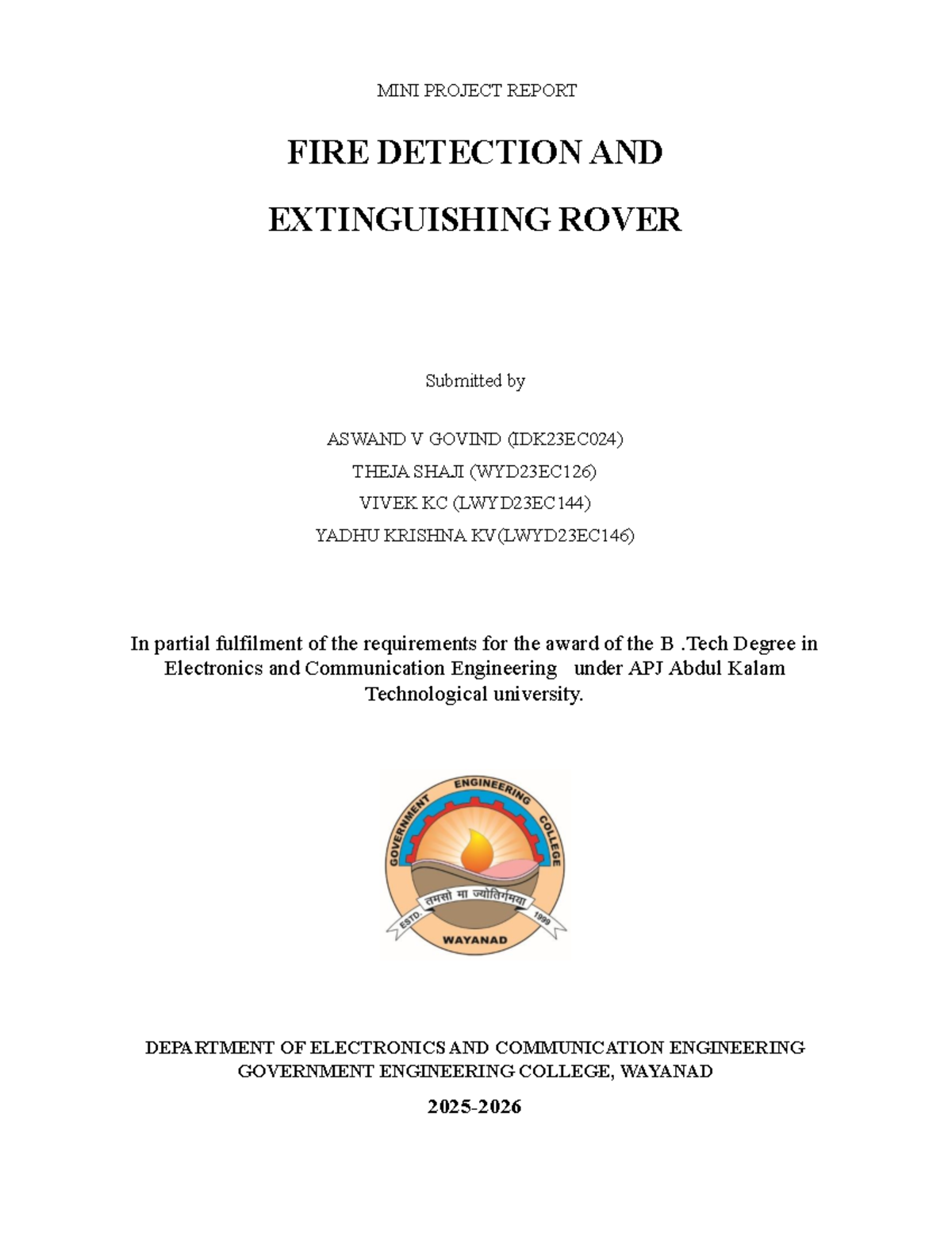 MINI PROJECT REPORT: FIRE DETECTION AND EXTINGUISHING ROVER (B.Tech ECE ...