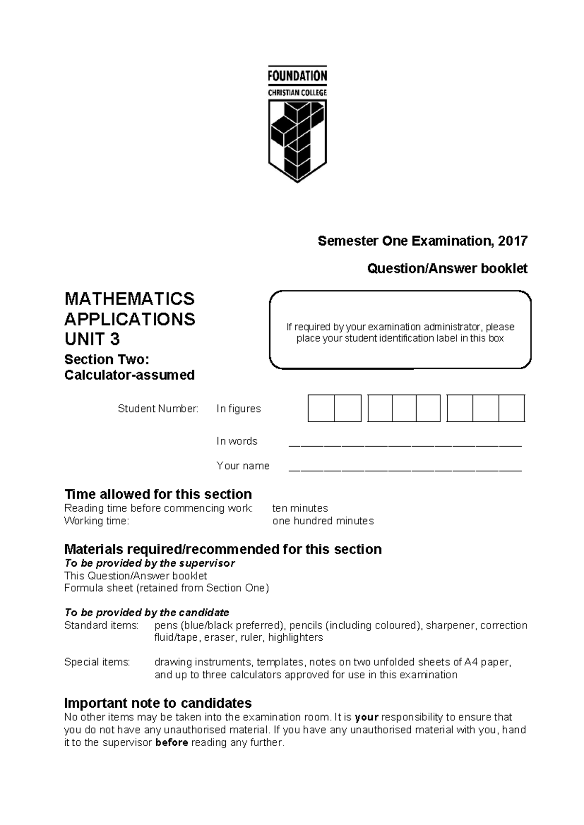 Semester One Examination 2017: Mathematics Applications Unit 3 - Studocu