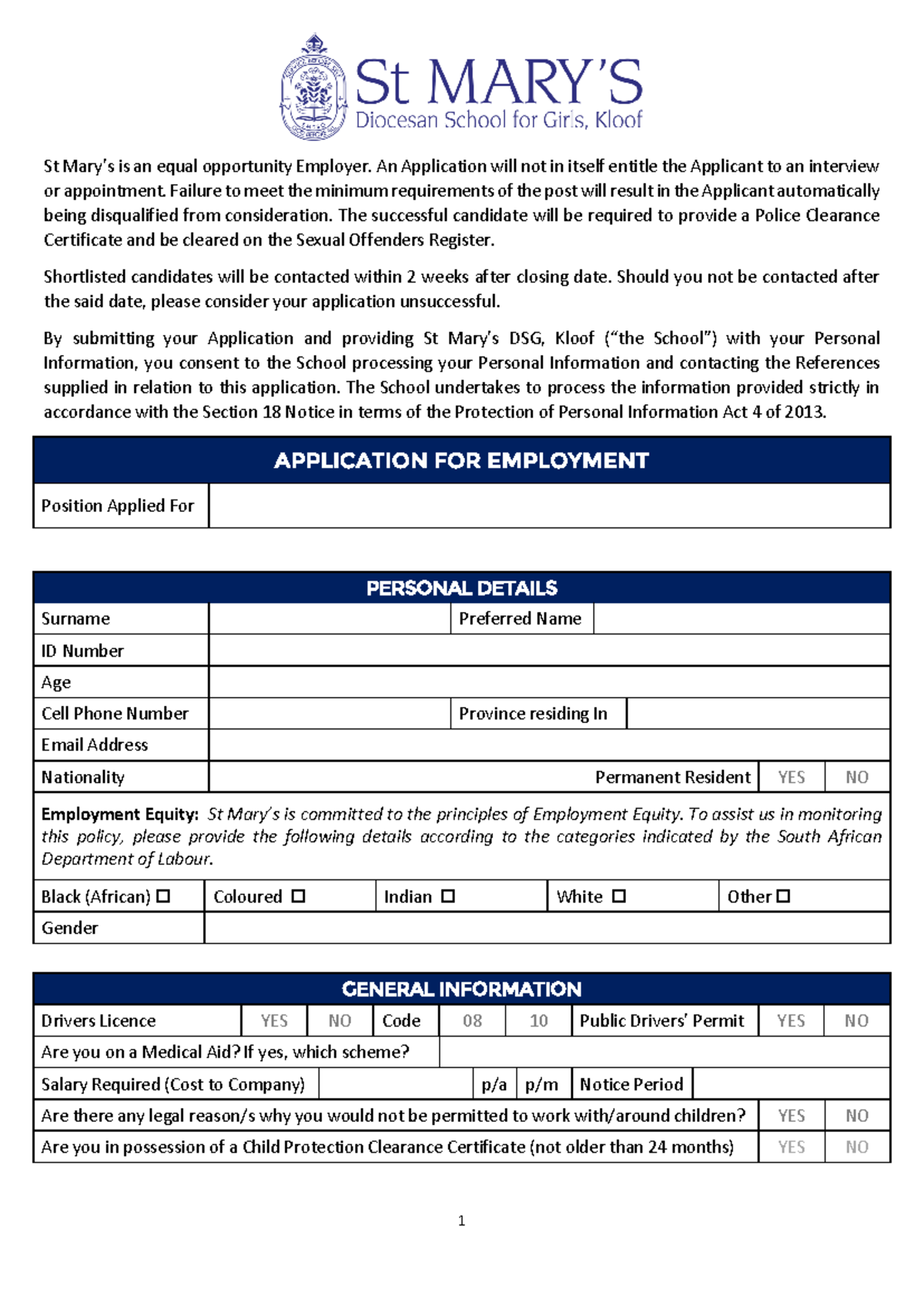 St Mary's DSG, Kloof - Employment Application Form - 2024 - Studocu