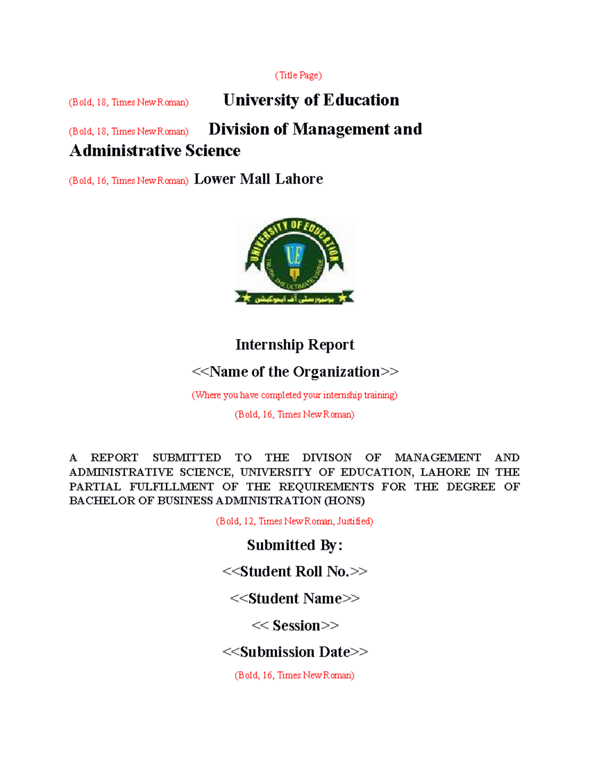 BBA Internship Report Format - University of Education - Studocu