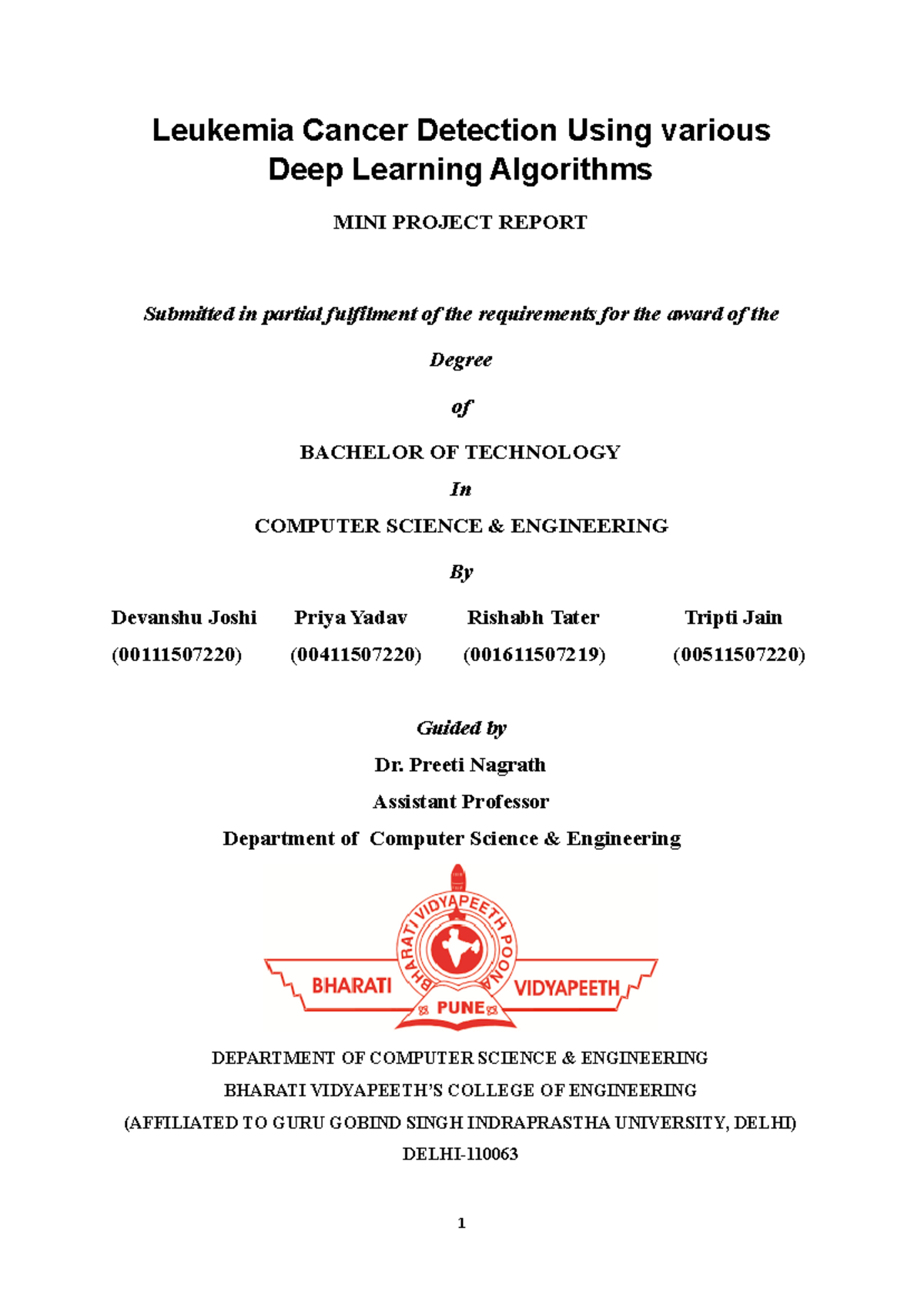 Leukemia Detection Using Deep Learning Algorithms - Mini Project Report ...