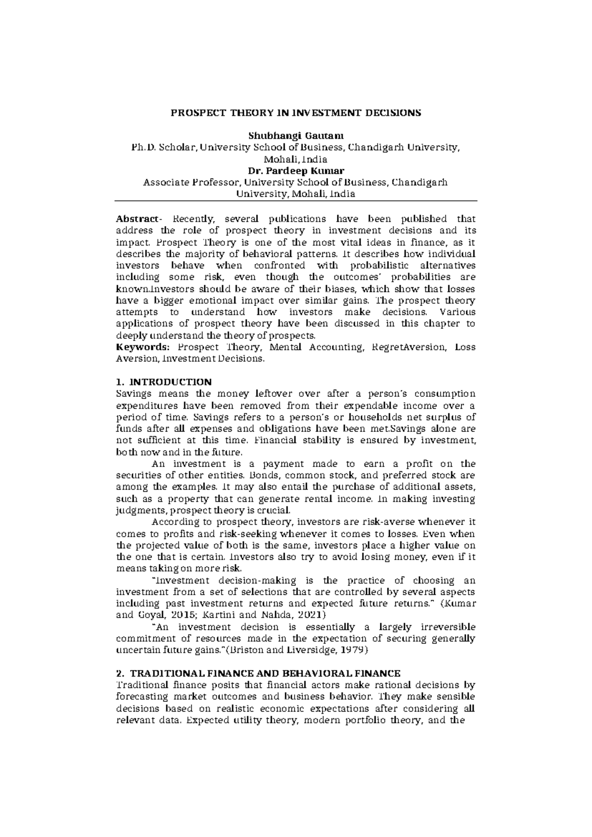 Prospect Theory and Its Impact on Investment Decisions: A Study - Studocu