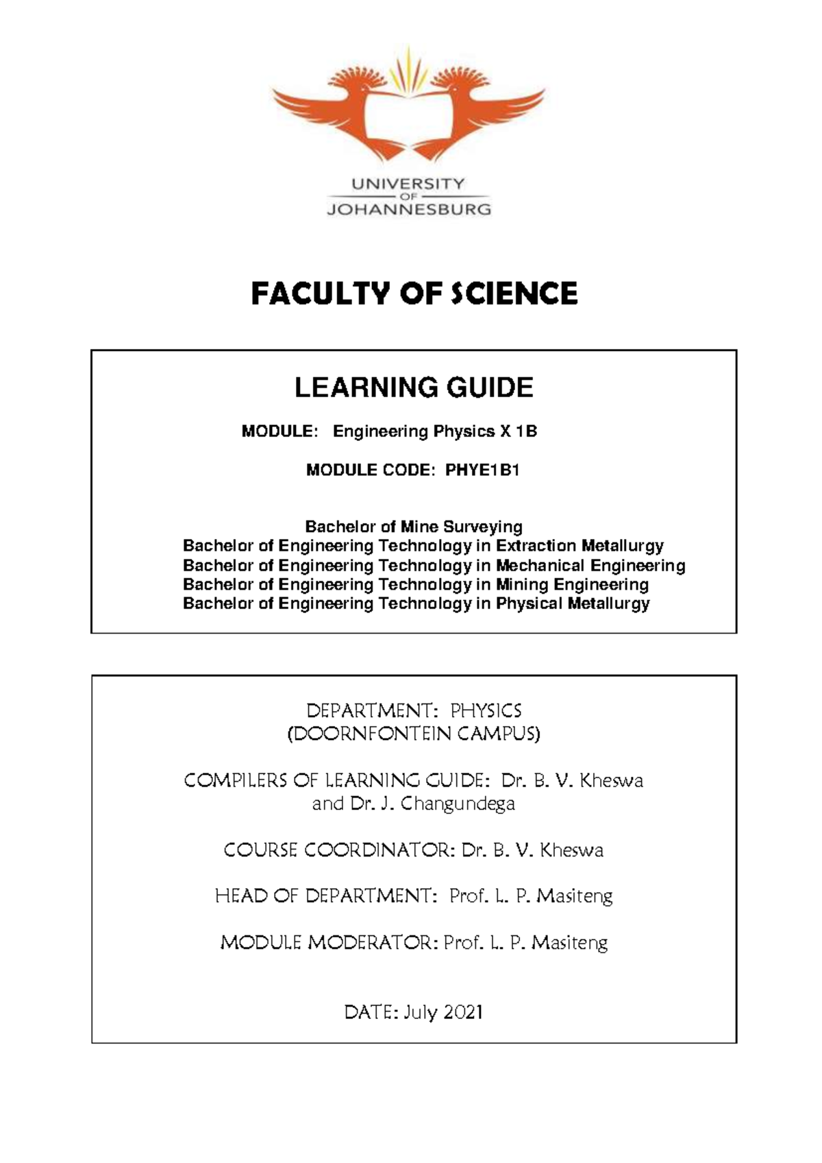 PHYE1B1 Learning Guide 2021 - FACULTY OF SCIENCE LEARNING GUIDE MODULE ...