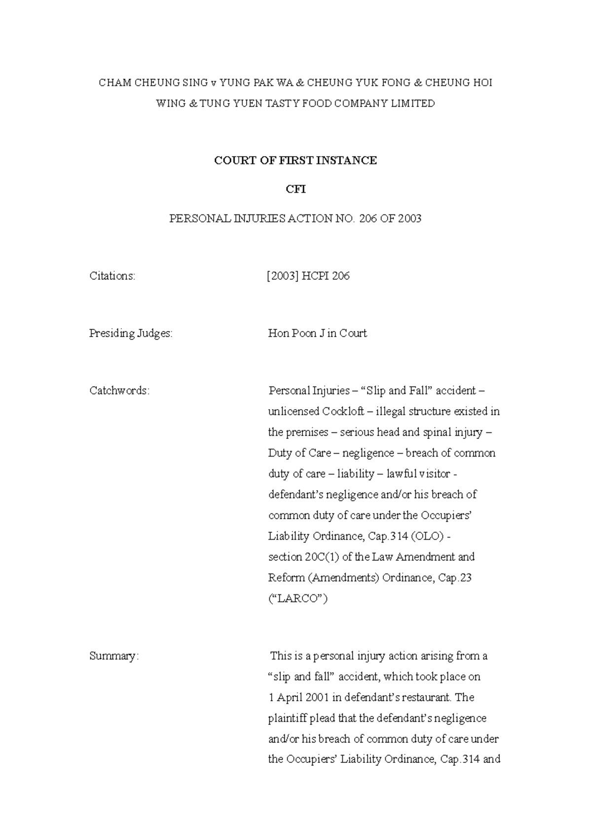 Law Report: CHAM CHEUNG SING v YUNG PAK WA - Personal Injury Case Analysis - Studocu