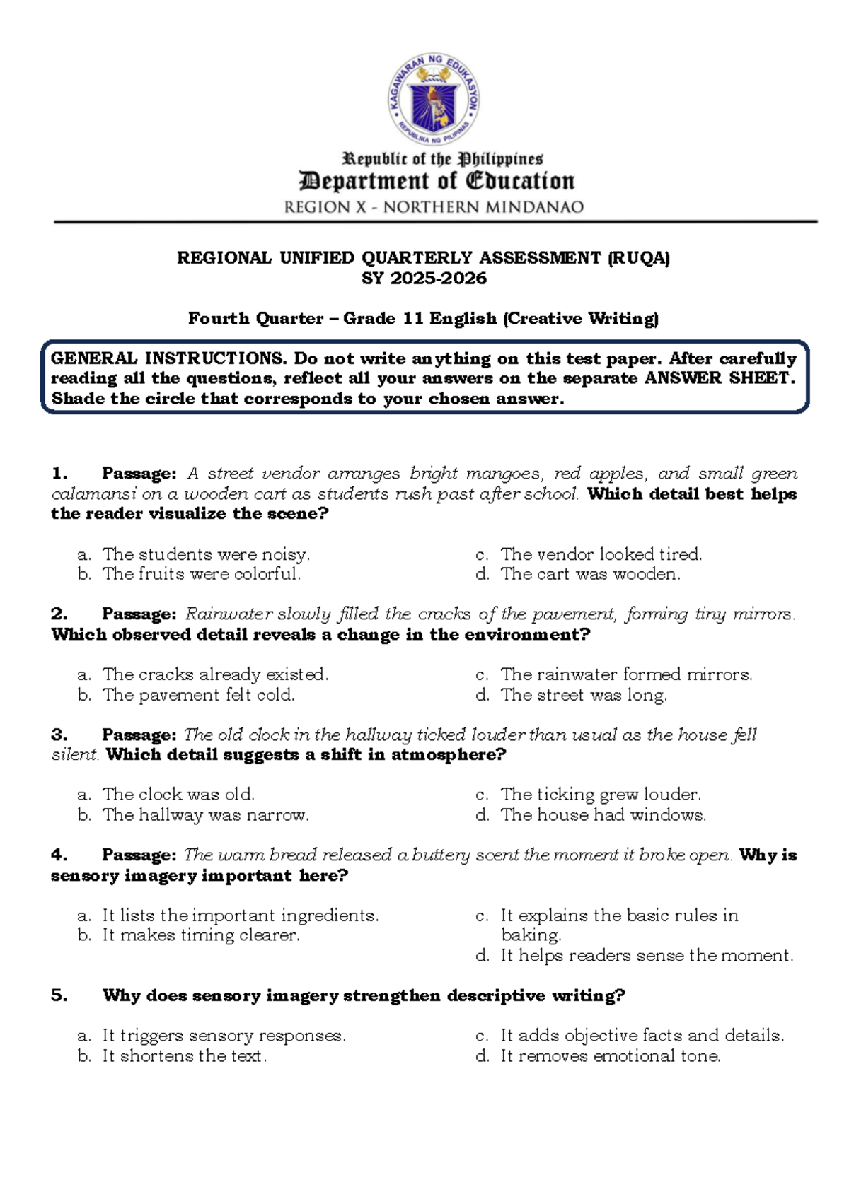 Grade 11 English (Creative Writing) Q4 Assessment 2025-2026 - Test ...