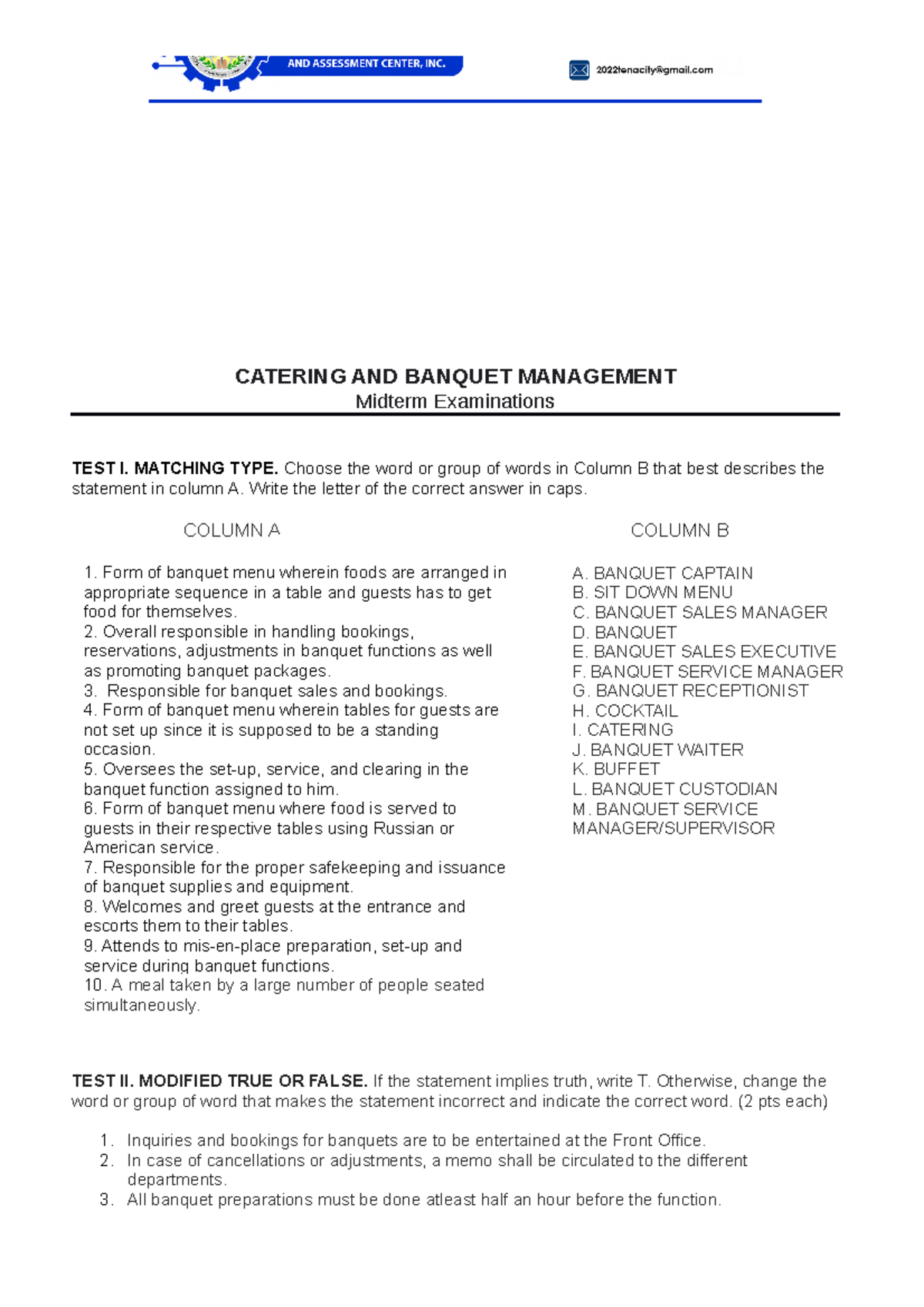Catering and Banquet Management Midterm Exam Sample Questions - Studocu