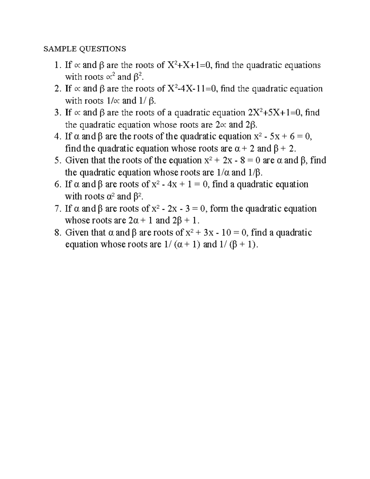Quadratic Equations Sample Questions for Math 101 - Studocu