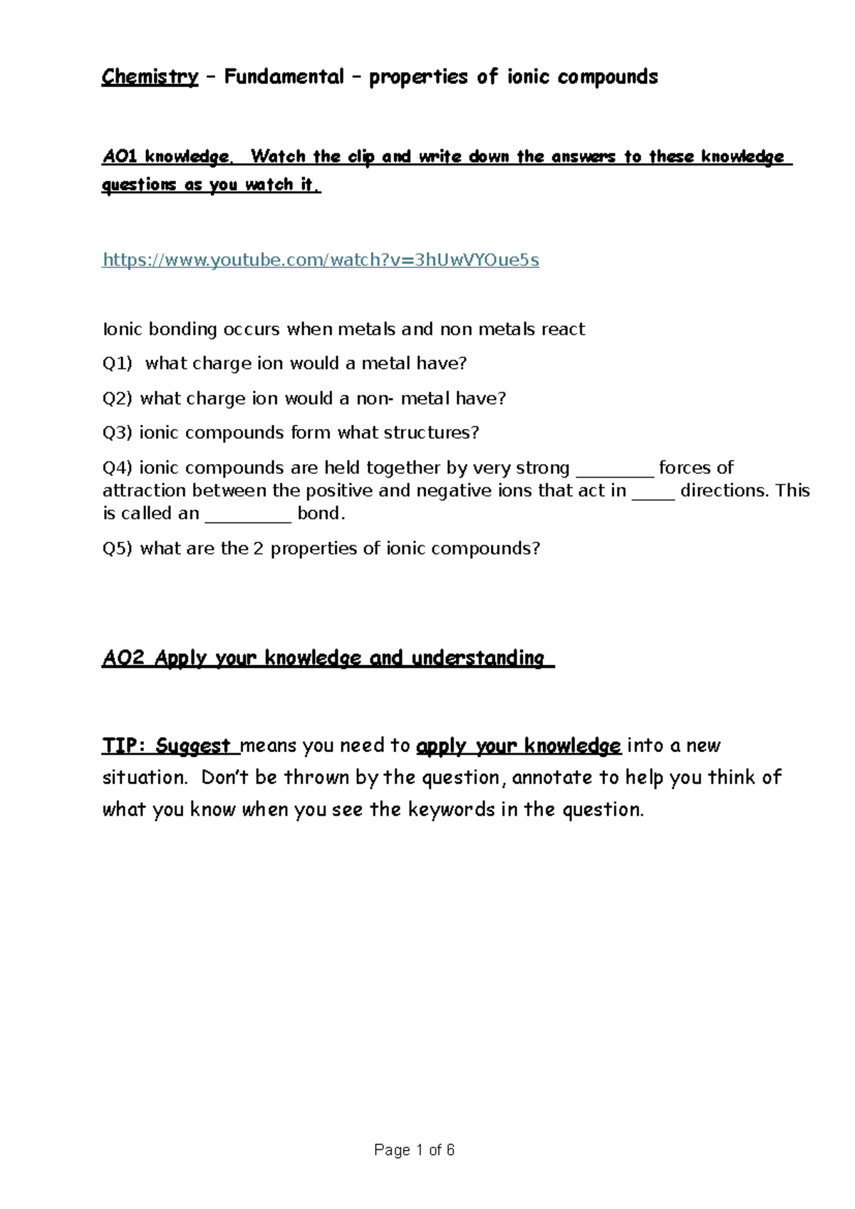 Chemistry Week 3: Ionic Bonding & Density Concepts AO1 Knowledge - Studocu