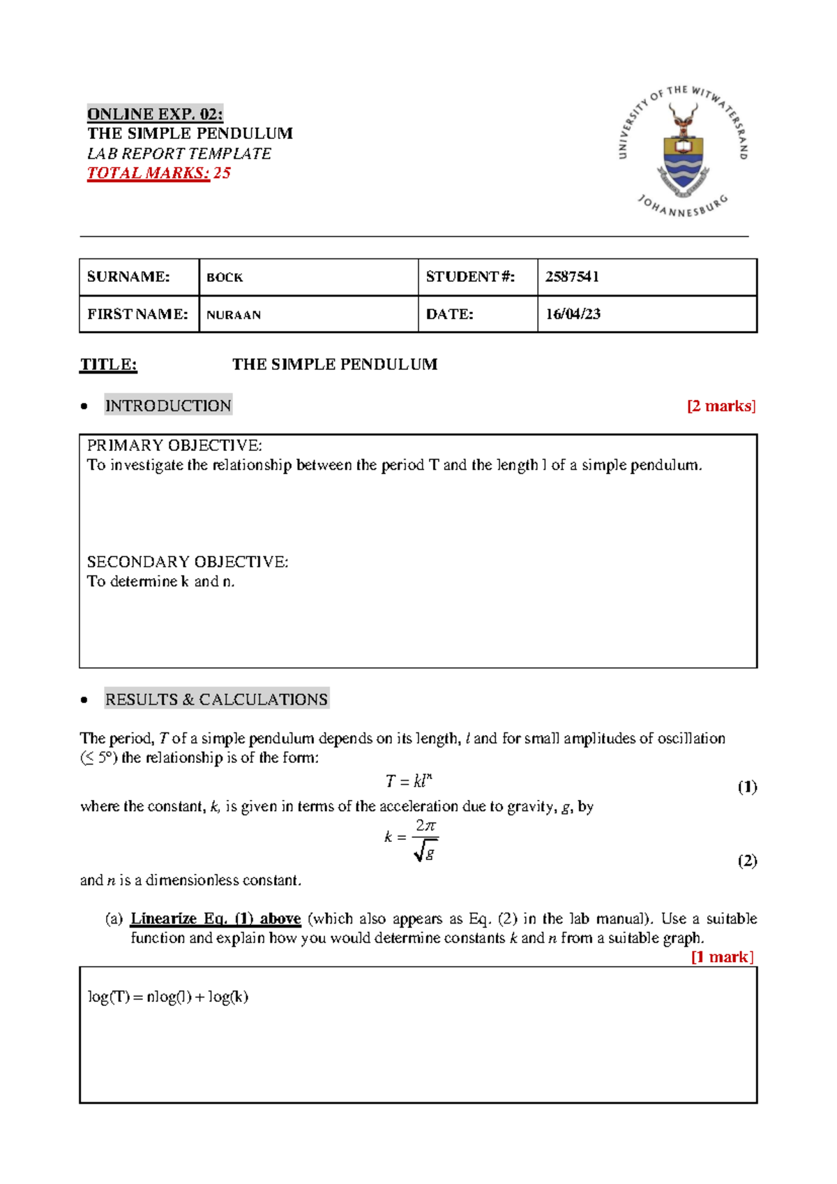 EXP02 - Simple Pendulum Lab Report and Analysis - Studocu