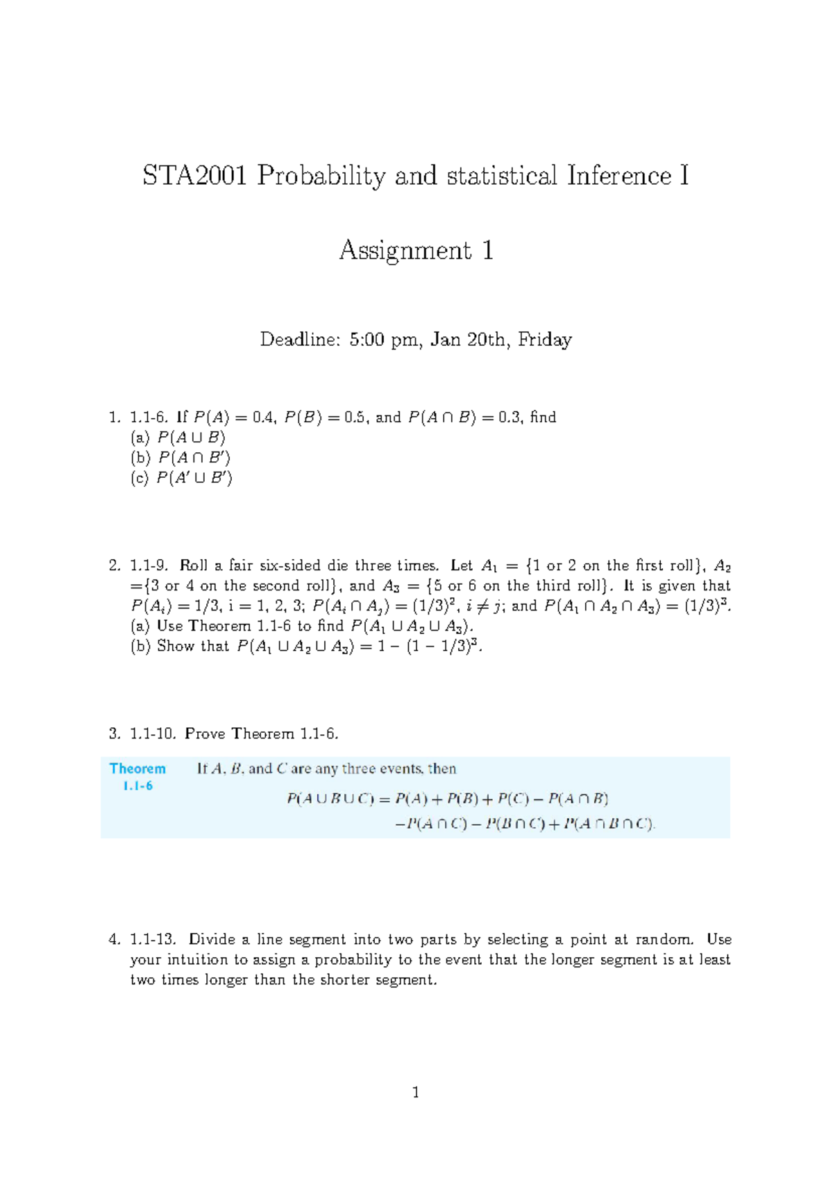 STA2001 2023W H1 v2 - First assignment of STA 2001 - STA2001 Probability and statistical ...
