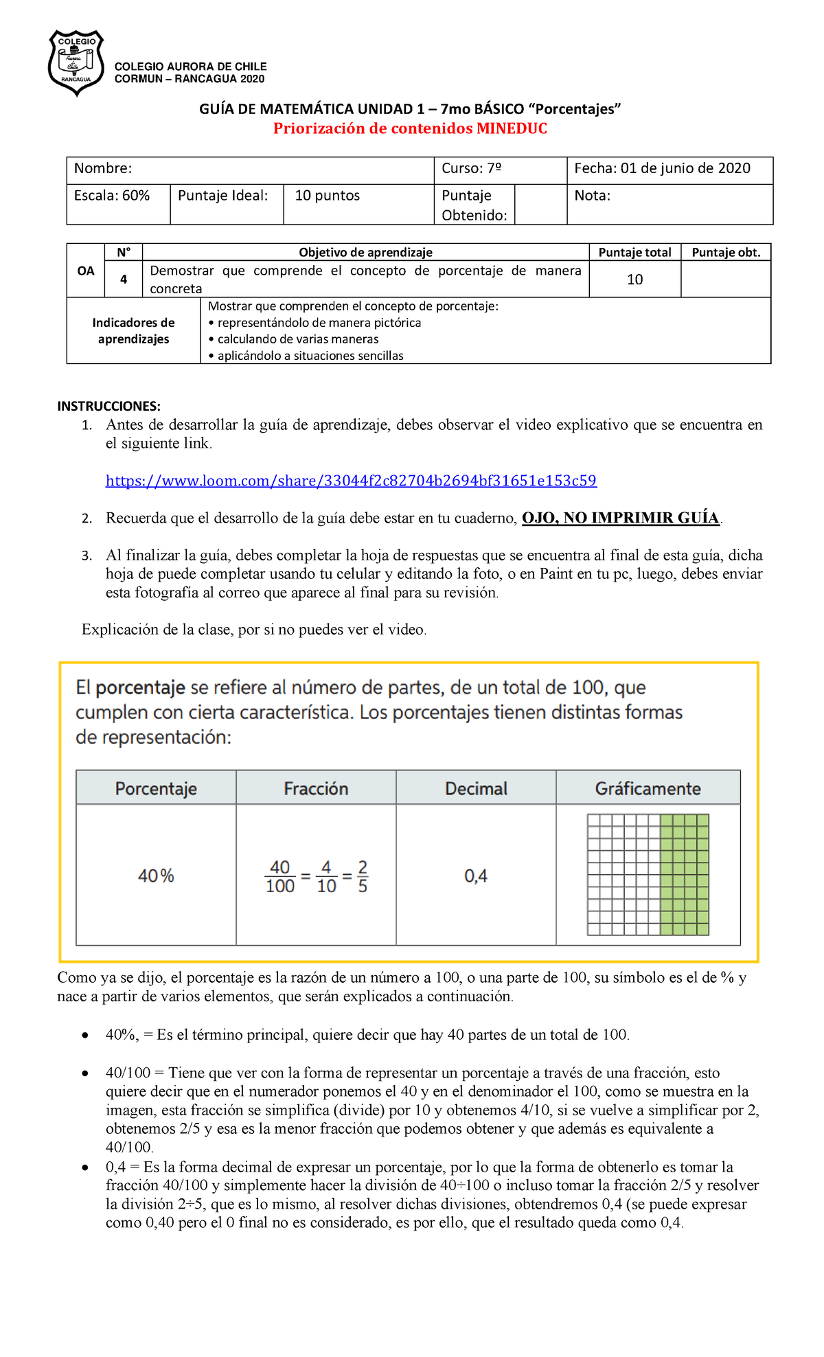 Guía de Matemática 7mo Básico: Conceptos de Porcentaje - Studocu