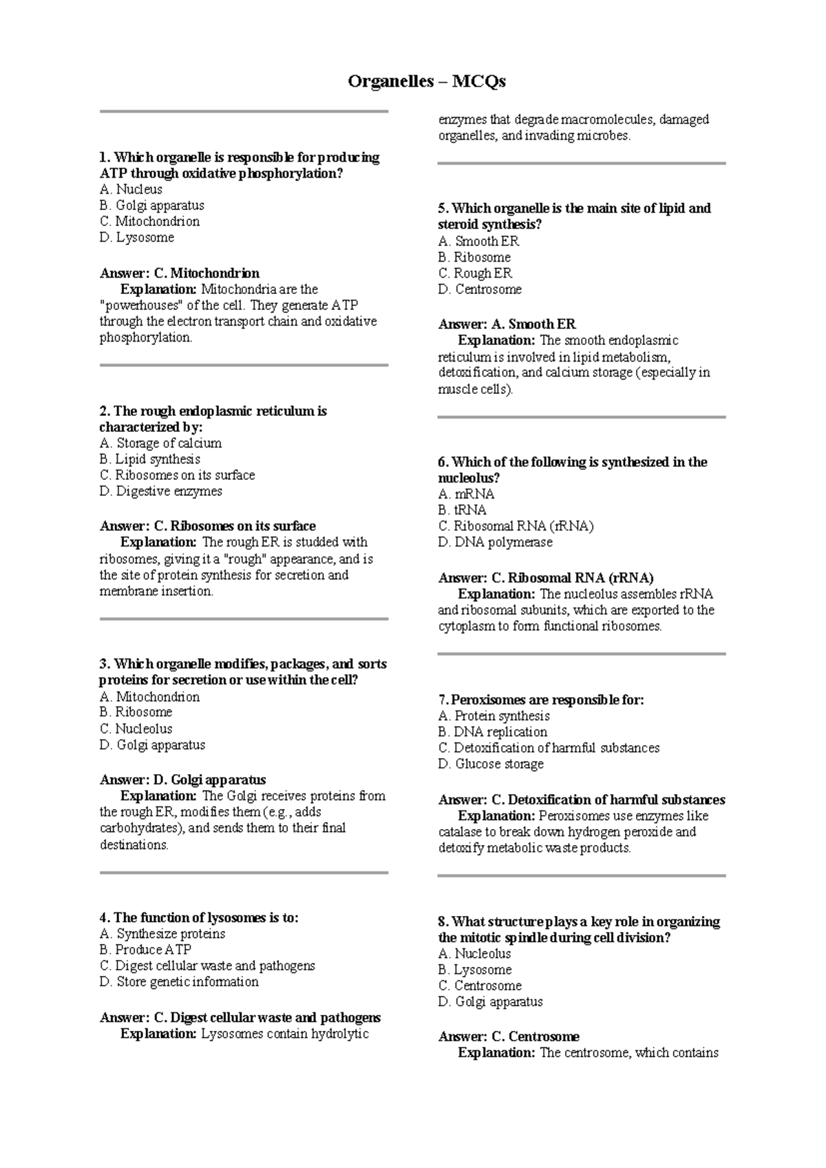 Organelles MCQs: Enzymes, Macromolecules, and Cellular Functions - Studocu