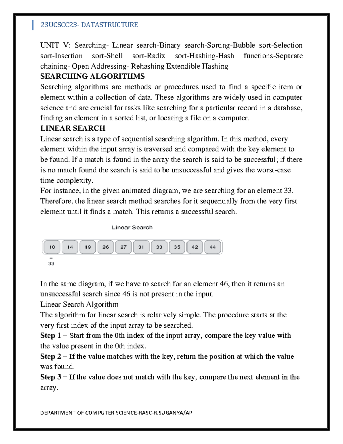 UNIT V-DS: Linear Open Rehashing & Searching Algorithms Lecture Notes ...
