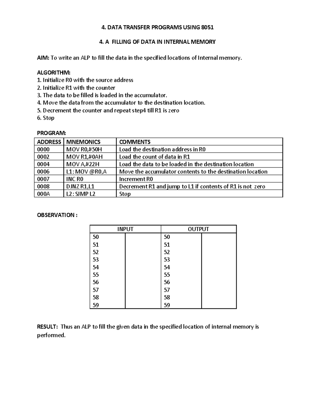 8051 Program - 4. DATA TRANSFER PROGRAMS USING 8051 4. A FILLING OF DATA IN INTERNAL MEMORY AIM ...