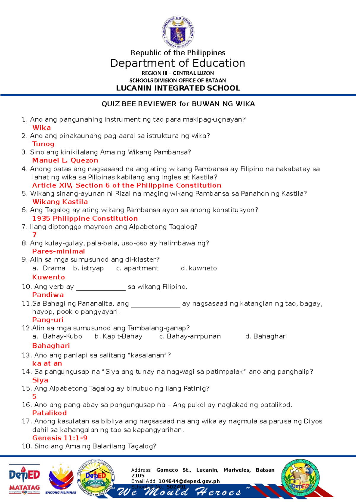 Quiz Bee Reviewer (BUWAN NG WIKA) for Filipino Language Study - Studocu