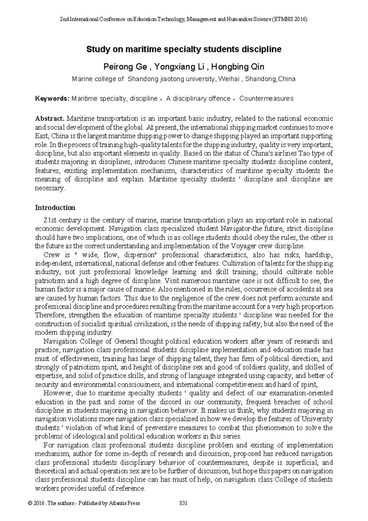 Study on Maritime Specialty Students' Discipline (ETMHS 2016) - Studocu