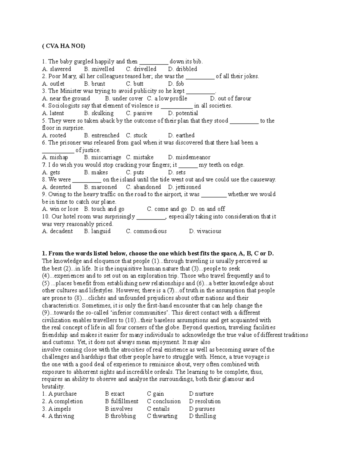 CVA HA NOI - Vocabulary and Grammar Practice Exercises - Studocu