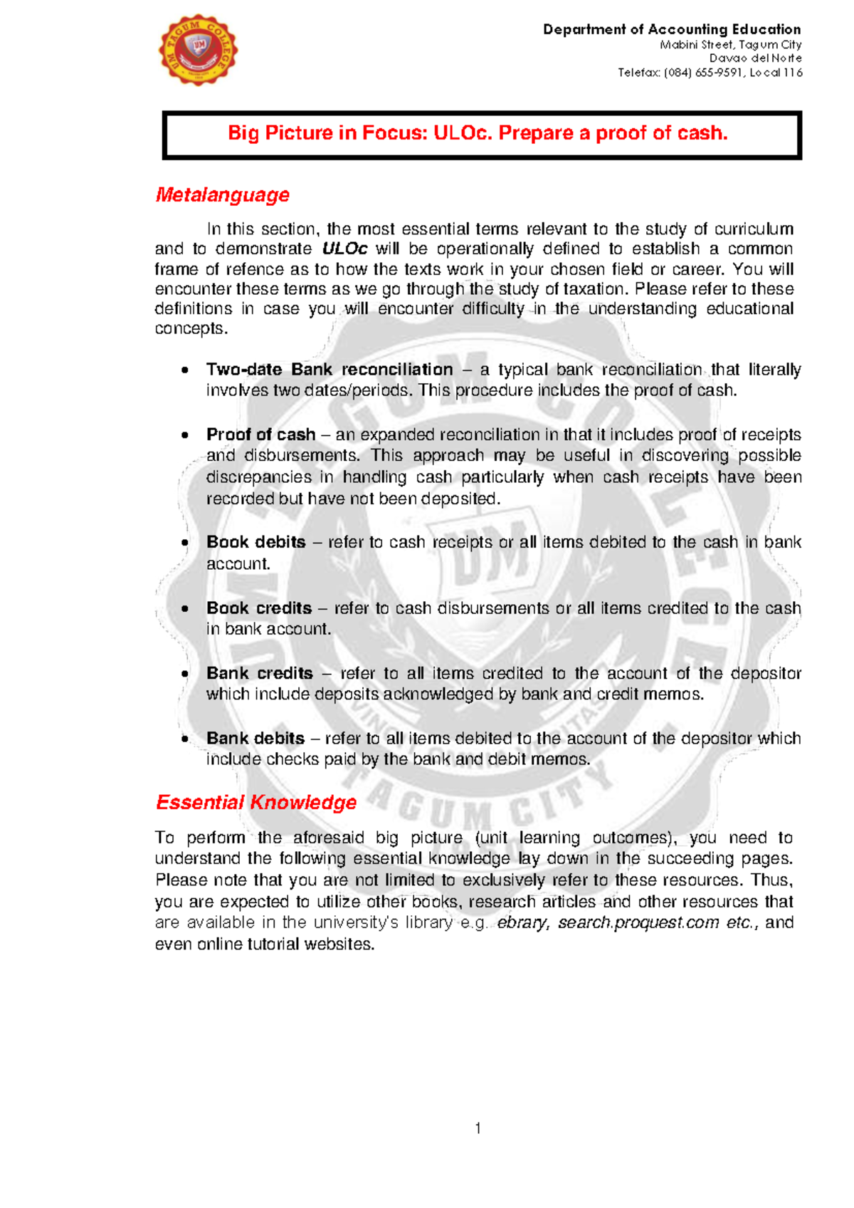 Proof of Cash and Bank Reconciliation: ACC-124 Guide - Studocu