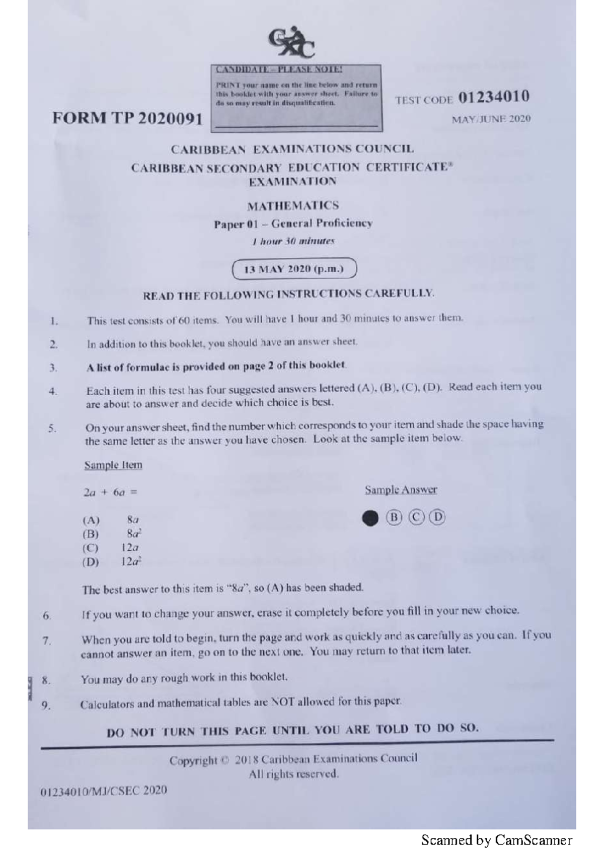 CSEC Mathematics Paper 01 General Proficiency Exam 2020 - Studocu