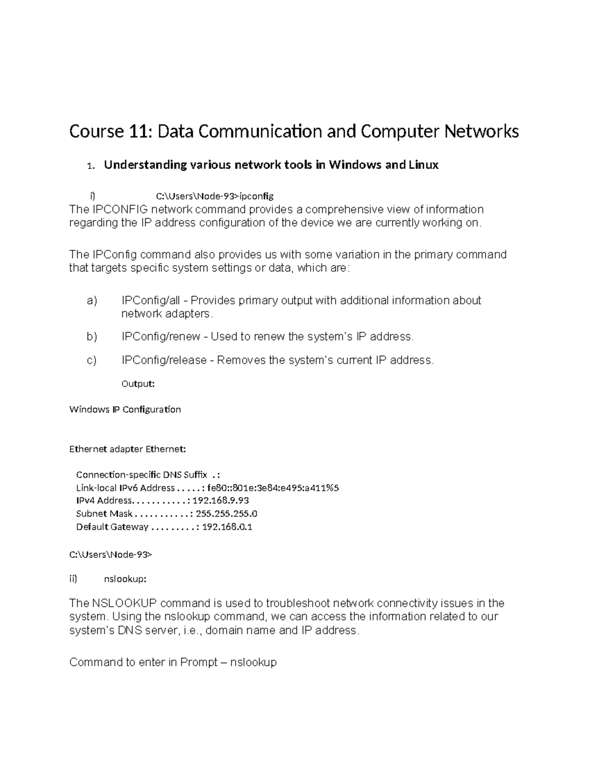 Course 11: Data Communication & Computer Networks - Network Tools ...