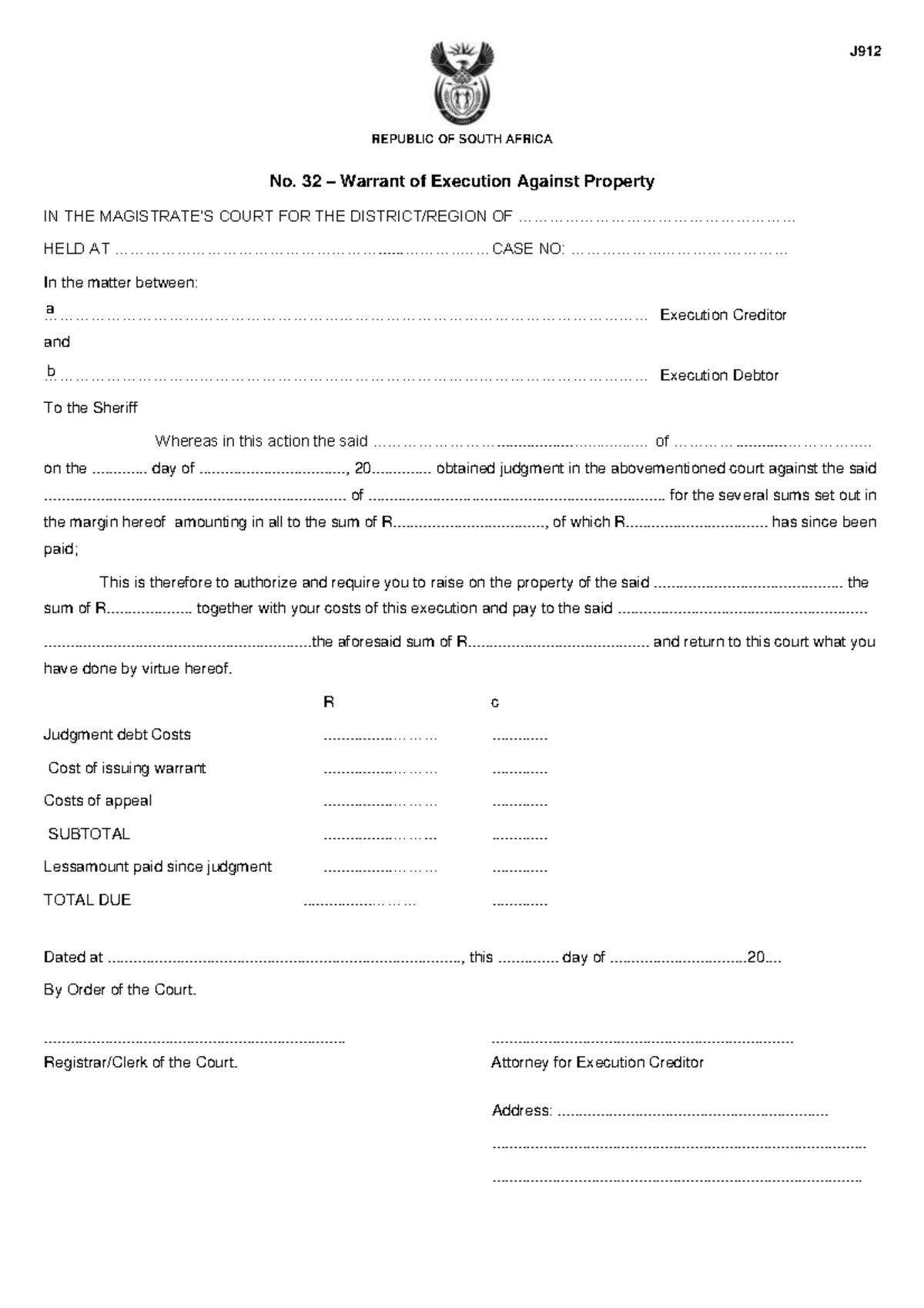 J912-Warrant of Execution Template for Asset Recovery - Studocu