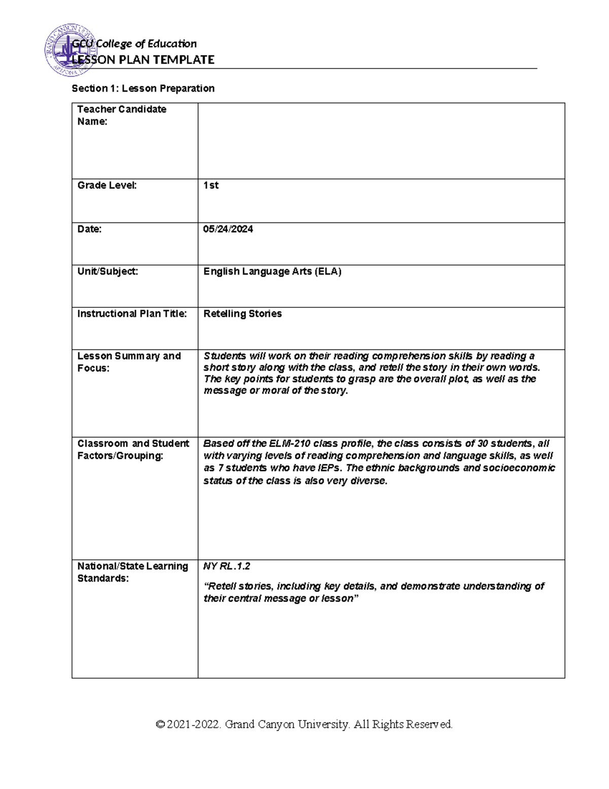 ELM-210 Final Lesson Plan: Retelling Stories in ELA for 1st Graders ...