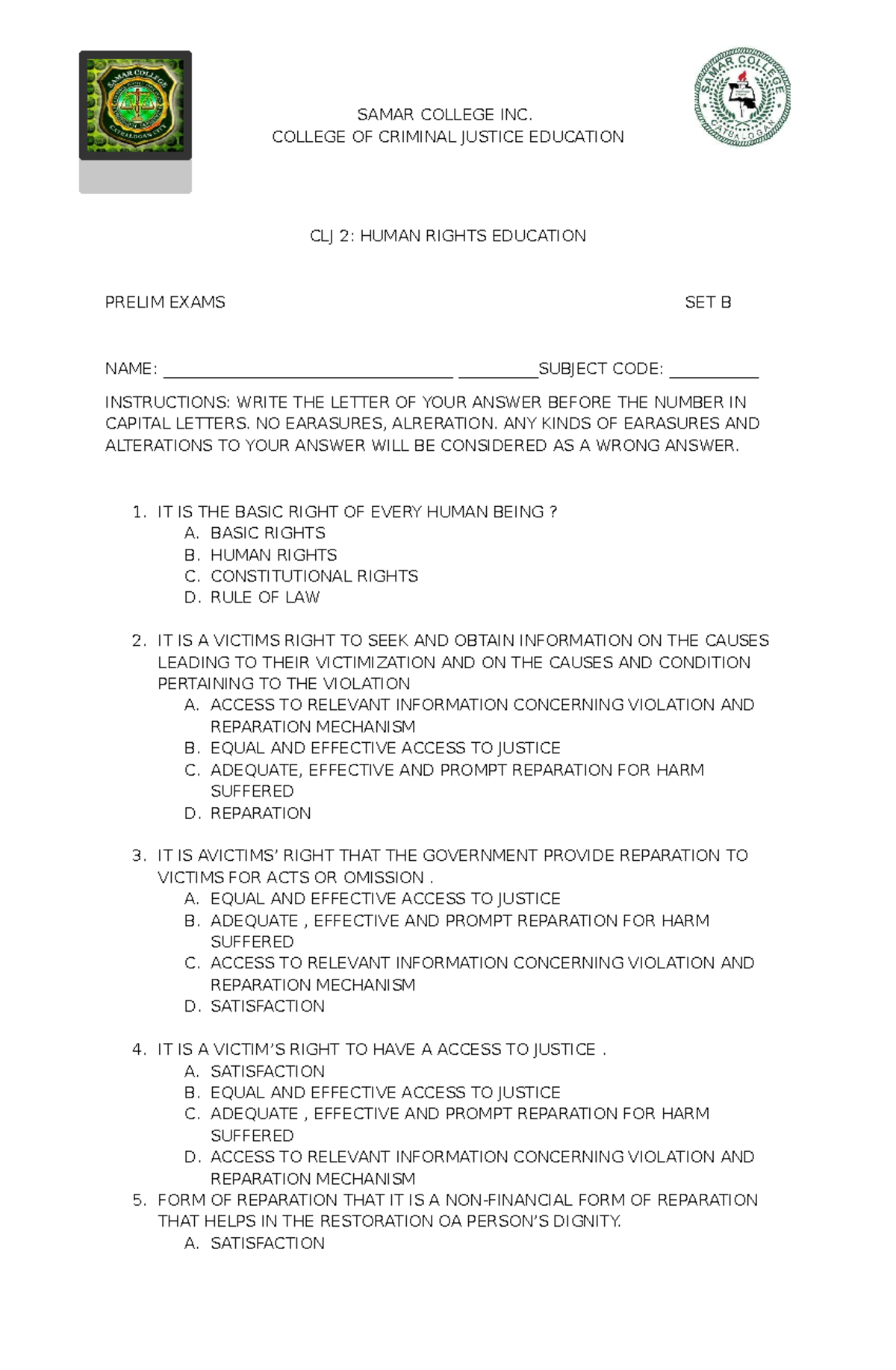 CLJ2 SET B - DHTN - SAMAR COLLEGE INC. COLLEGE OF CRIMINAL JUSTICE ...