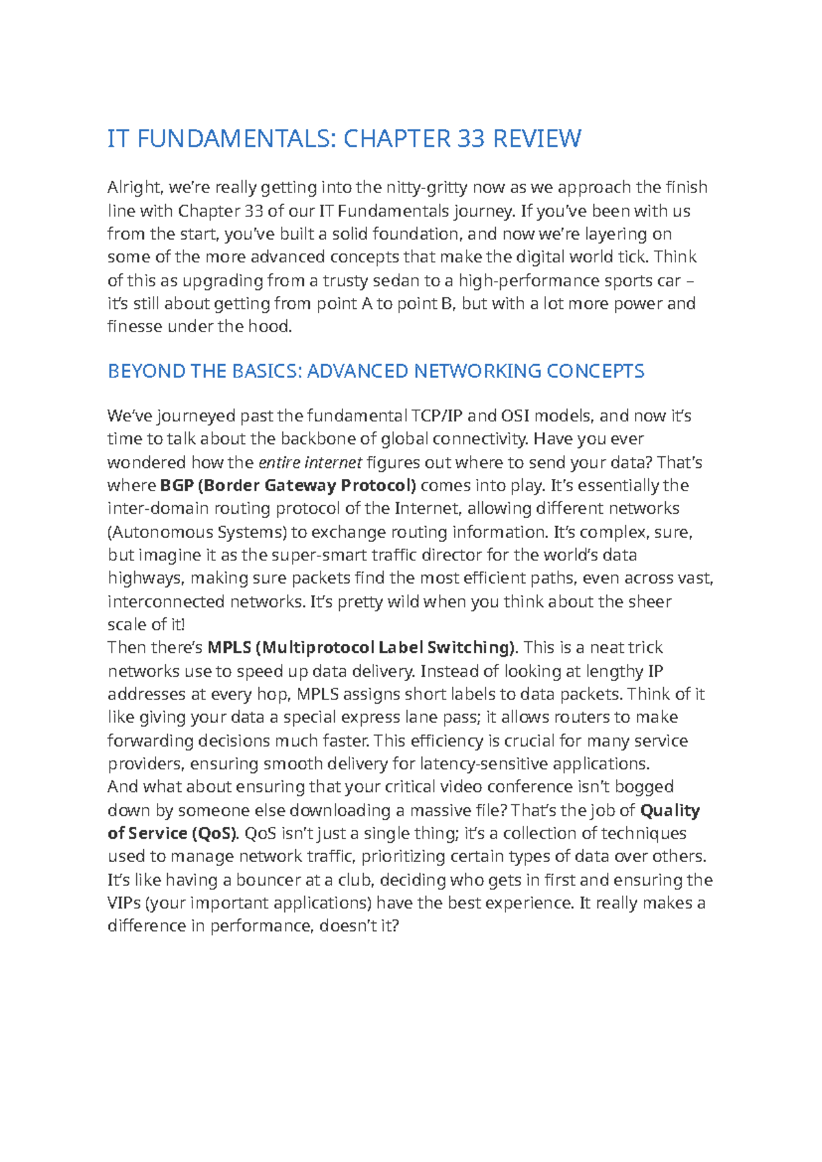 ITF 101: Chapter 33 Review - Advanced Networking & Security Concepts - Studocu