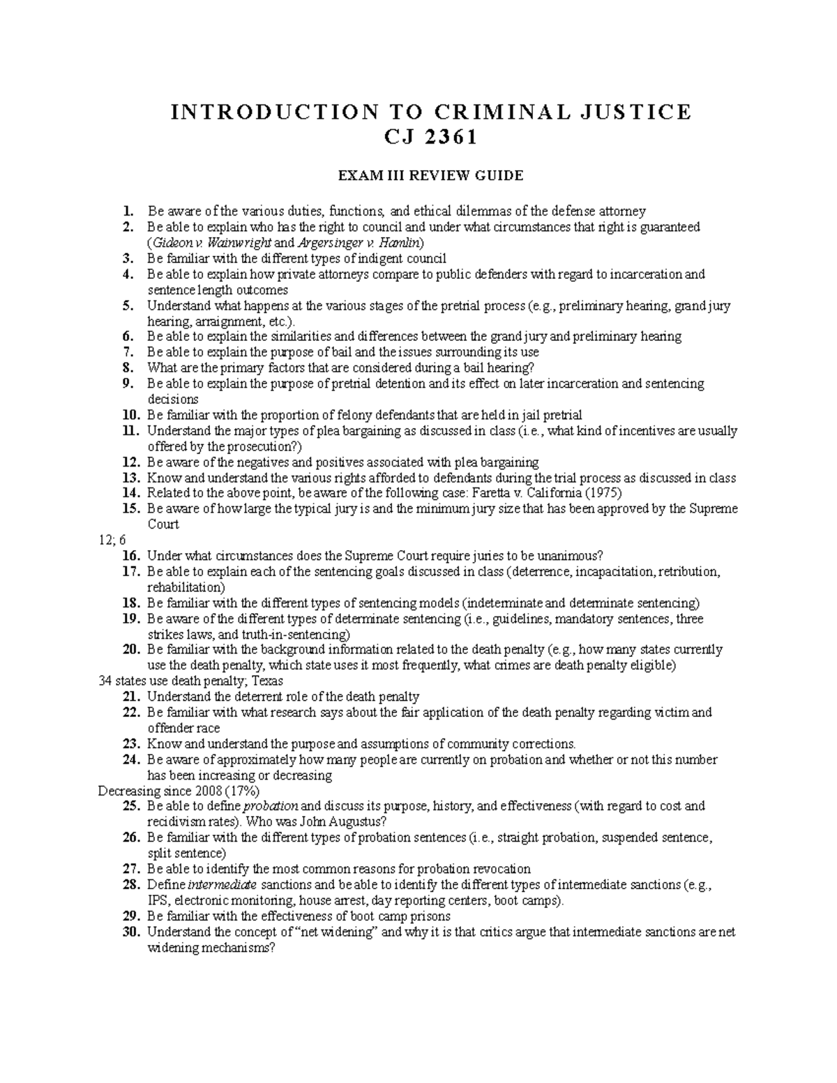 EXAM 3 Review Fall 2020 - INTRODUCTION TO CRIMINAL JUSTICE CJ 2361 EXAM ...