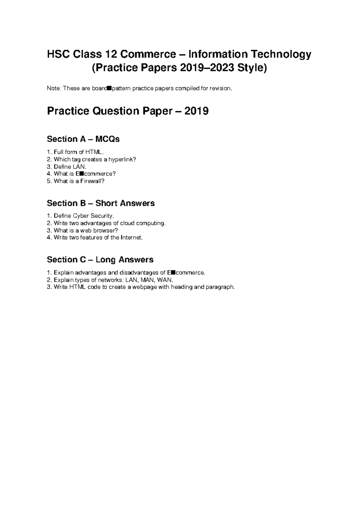 HSC Class 12 Commerce IT Practice Papers (2019-2023) - Studocu