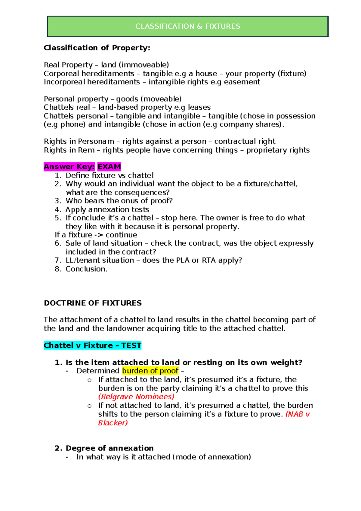 Property Law Summary Notes: Fixtures, Chattels, and Adverse Possession ...
