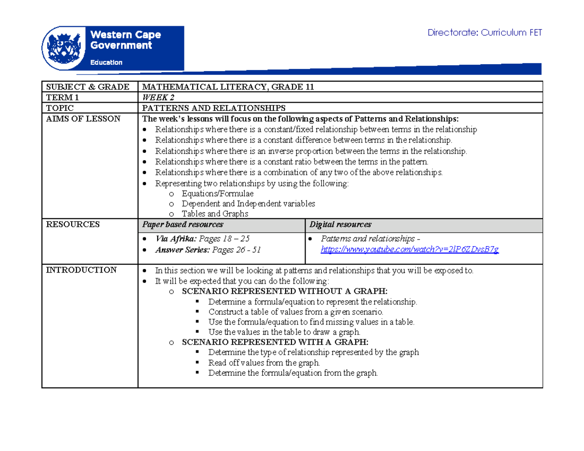 Mathematical Literacy Grade 11: Patterns & Relationships Lesson Plans ...