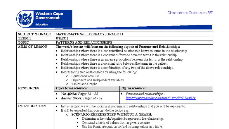 Mathematical Literacy Grade 11: Patterns & Relationships Lesson Plans ...