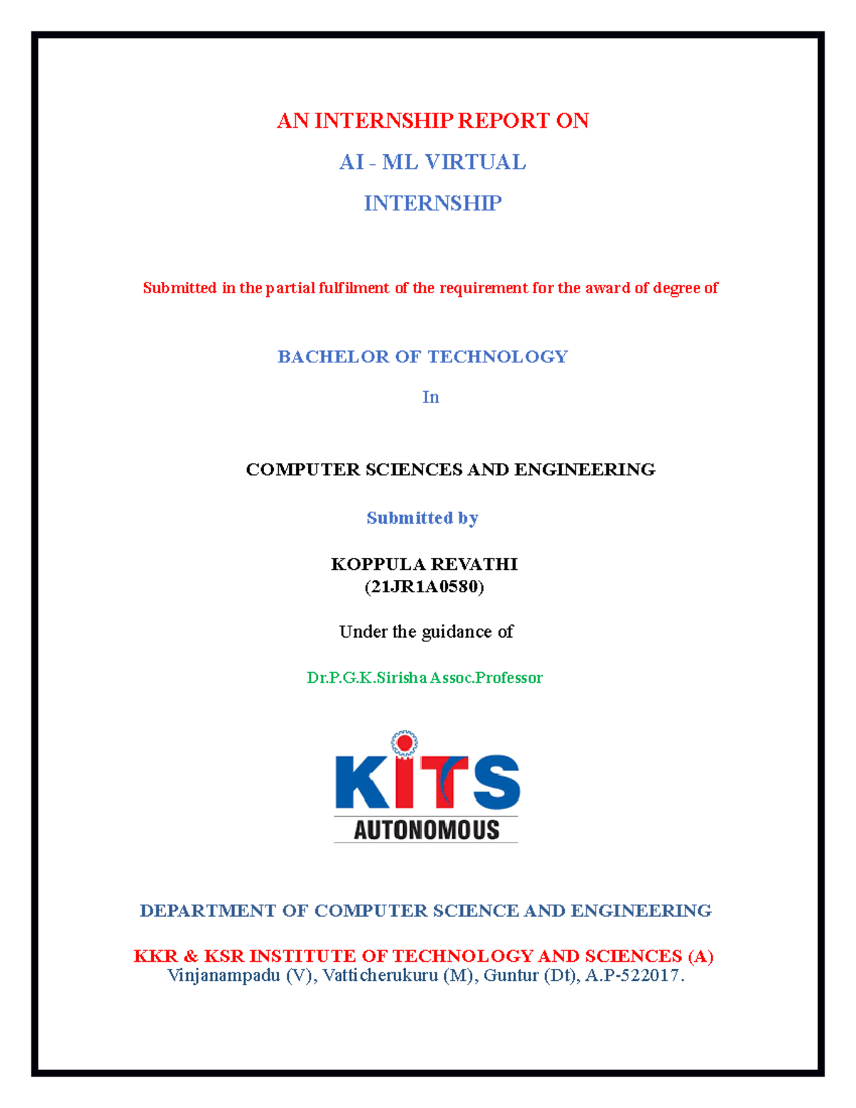 AI-ML Virtual Internship Report (B.Tech CSE - 21JR1A0580) - Studocu