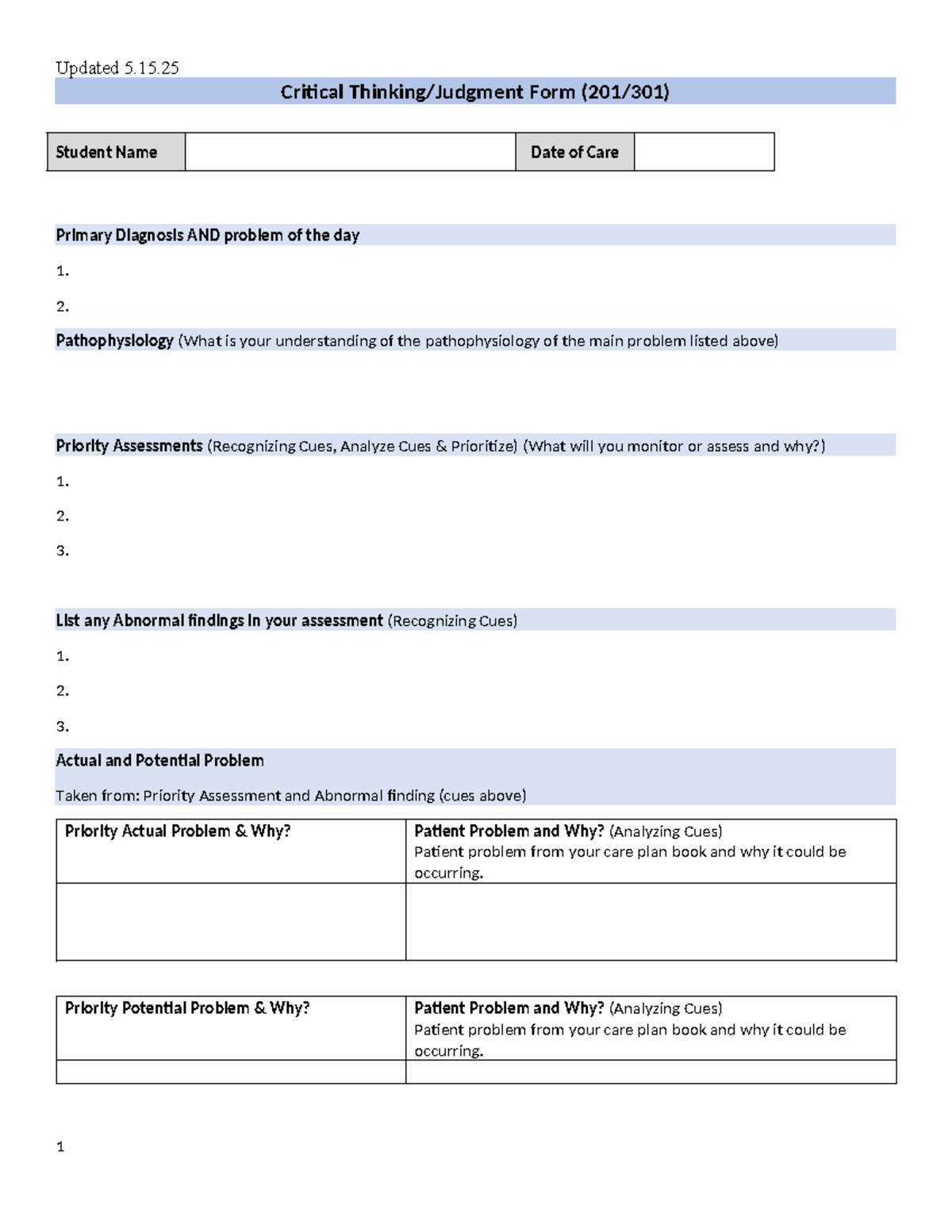 Critical Thinking & Judgment Form (201, 301) - Updated 5.15.25 - Studocu