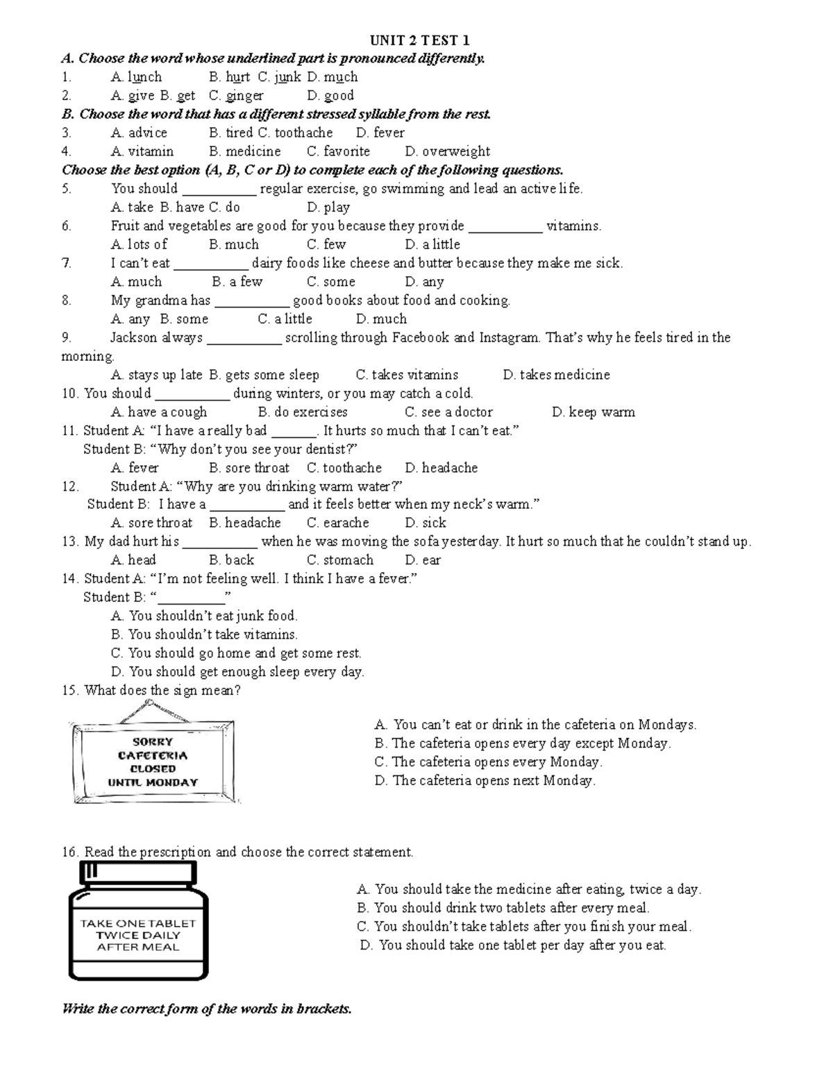 U2 - UNIT 2 TEST 1: Pronunciation & Vocabulary Exercises - Studocu