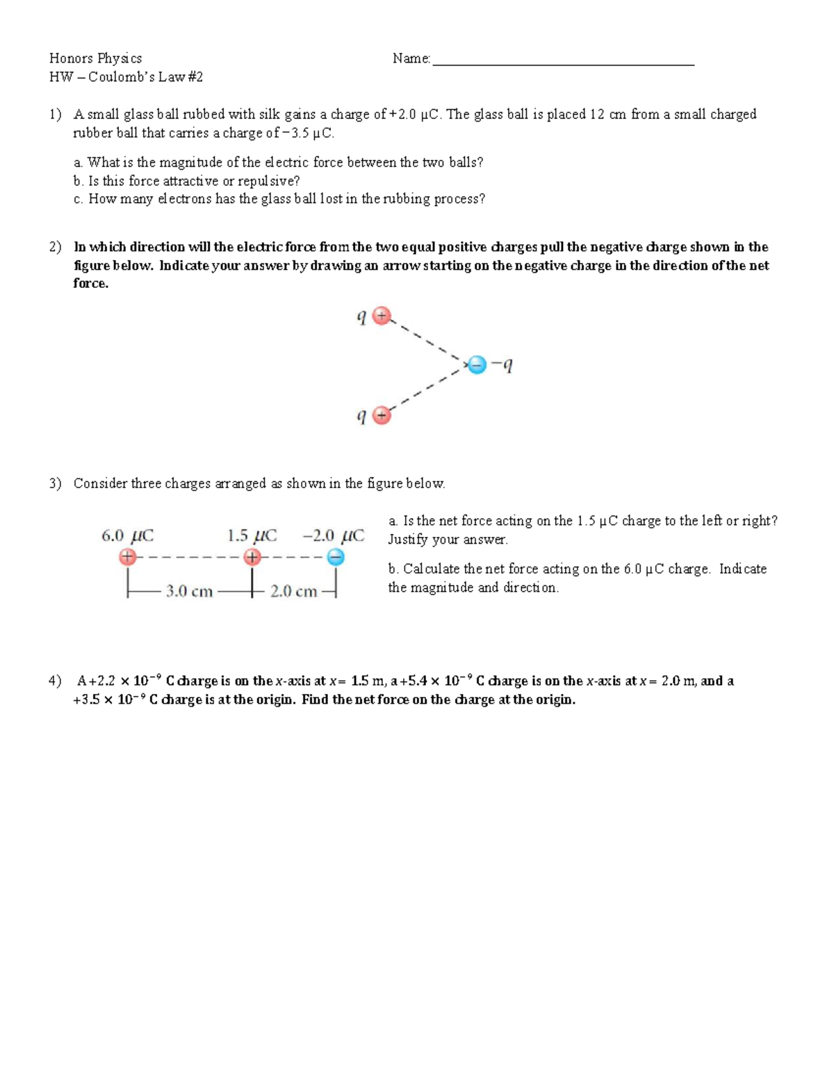 Hw - Honors Physics - Coulomb's Law Practice Problems - Studocu