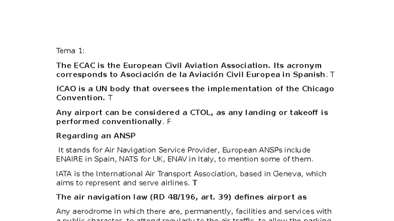 Preguntas Tema 1: ECAC, ICAO, ANSP y Aeropuertos en Europa - Studocu