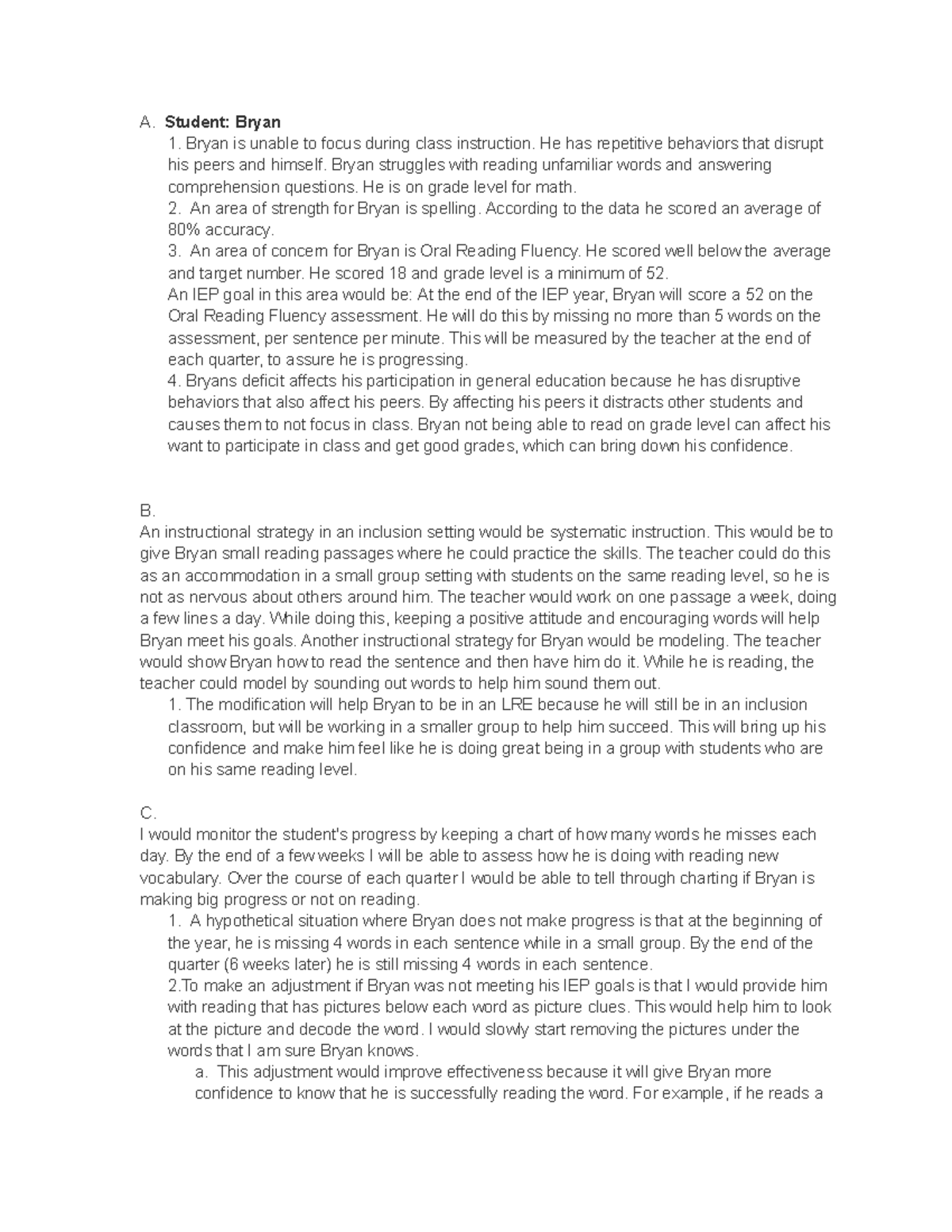 D003 Task 1 - Analysis of Bryan's Reading and Behavior Challenges - Studocu