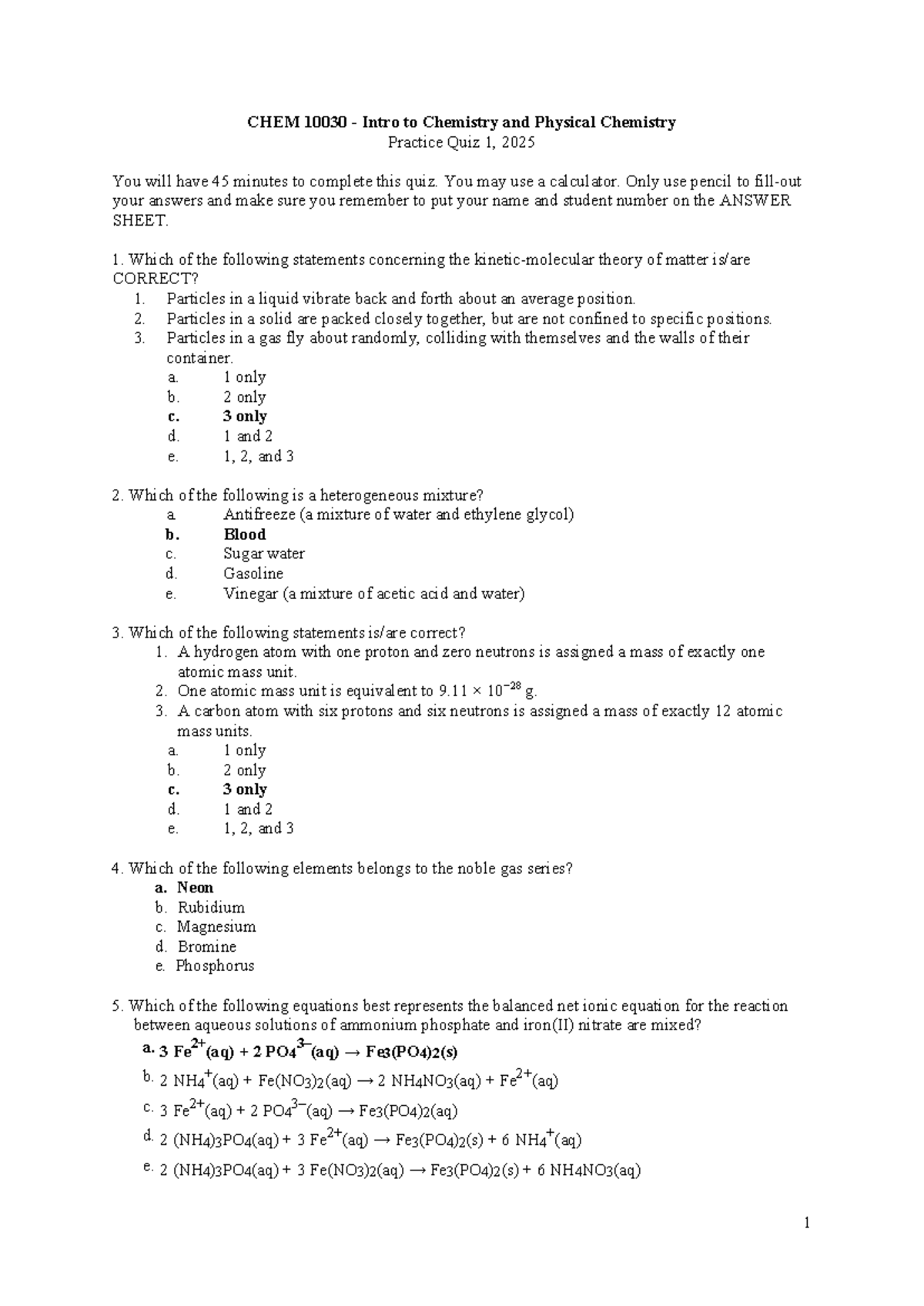 CHEM 10030 Intro to Chemistry Practice Quiz 1 Key, 2025 - Studocu