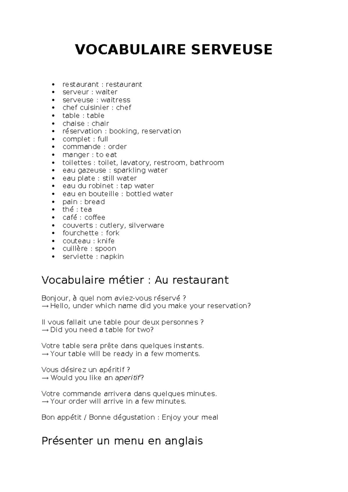 Vocabulaire Serveuse: Lexique Anglais pour le Restaurant - Studocu